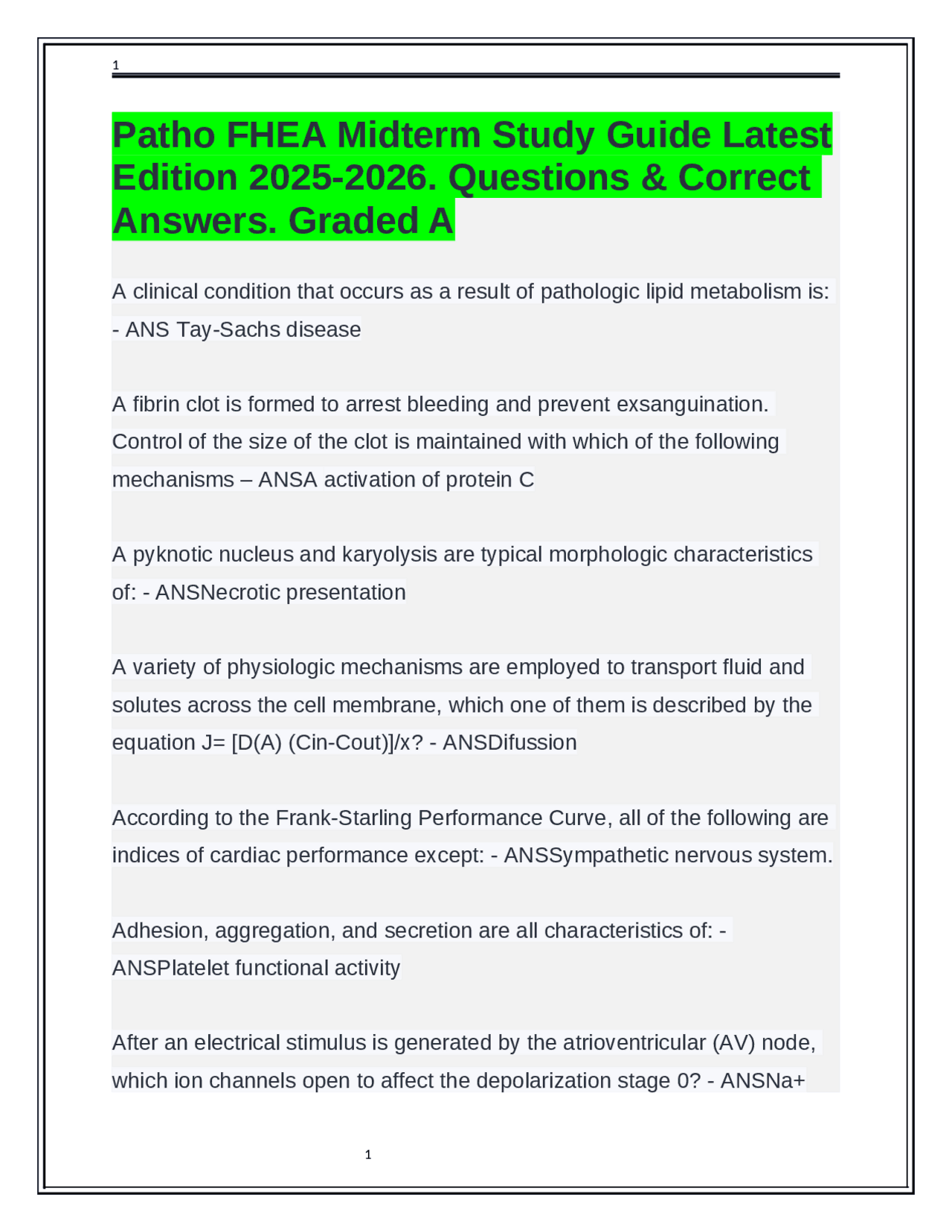 Patho FHEA Midterm Study Guide Latest Edition 2025-2026.Questions ...