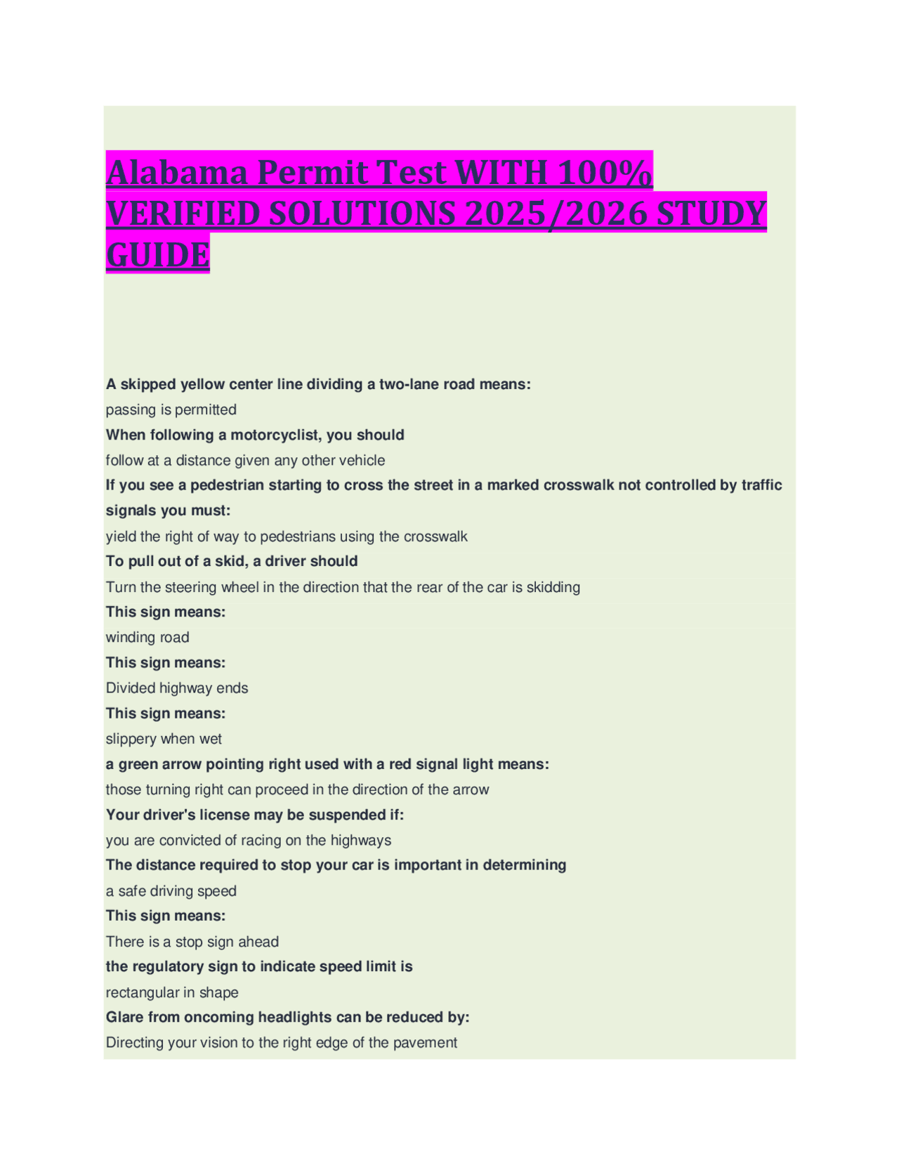 Alabama Permit Test WITH 100% VERIFIED SOLUTIONS 2025/2026 STUDY GUIDE ...