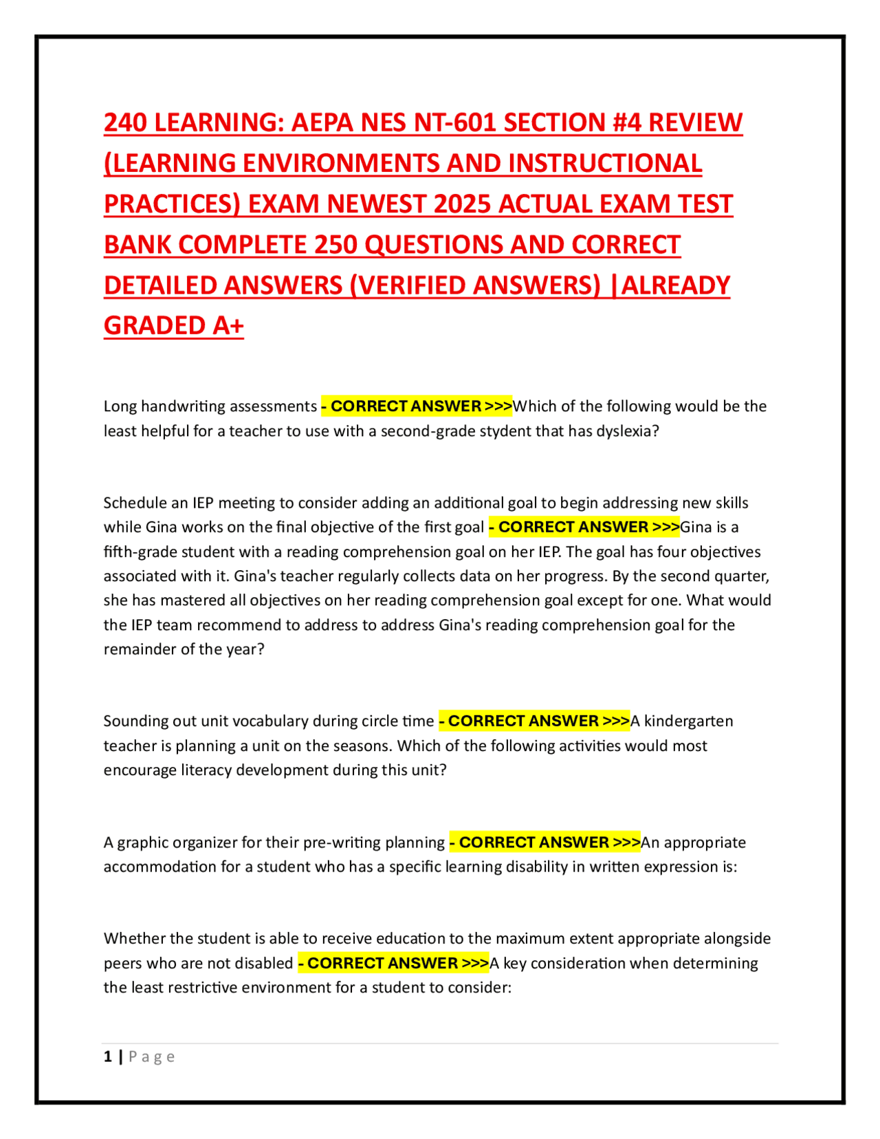 240 LEARNING: AEPA NES NT-601 SECTION #4 REVIEW ACTUAL FINAL ASSESSMENT | Exams Nursing | Docsity