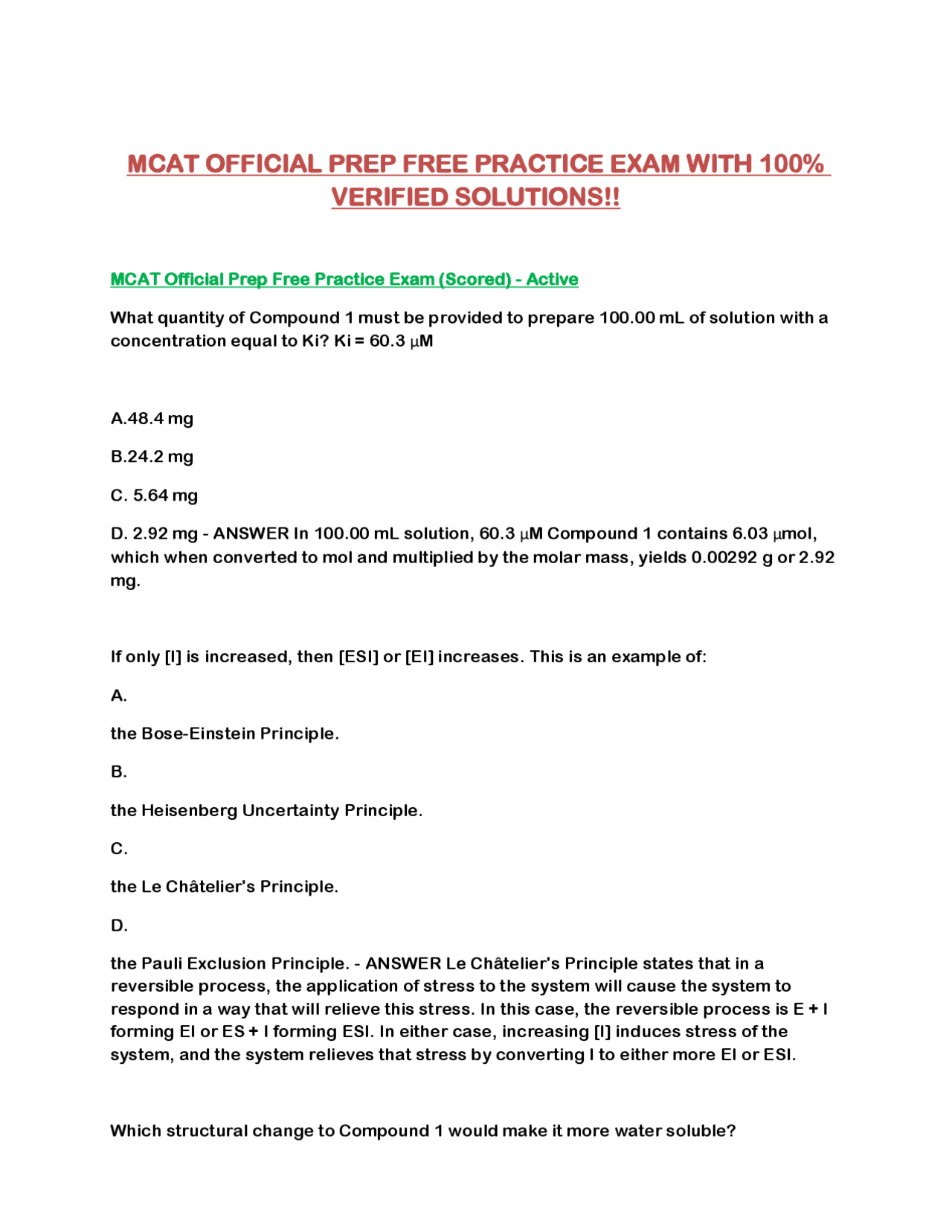 MCAT OFFICIAL PREP FREE PRACTICE EXAM WITH 100% VERIFIED SOLUTIONS ...