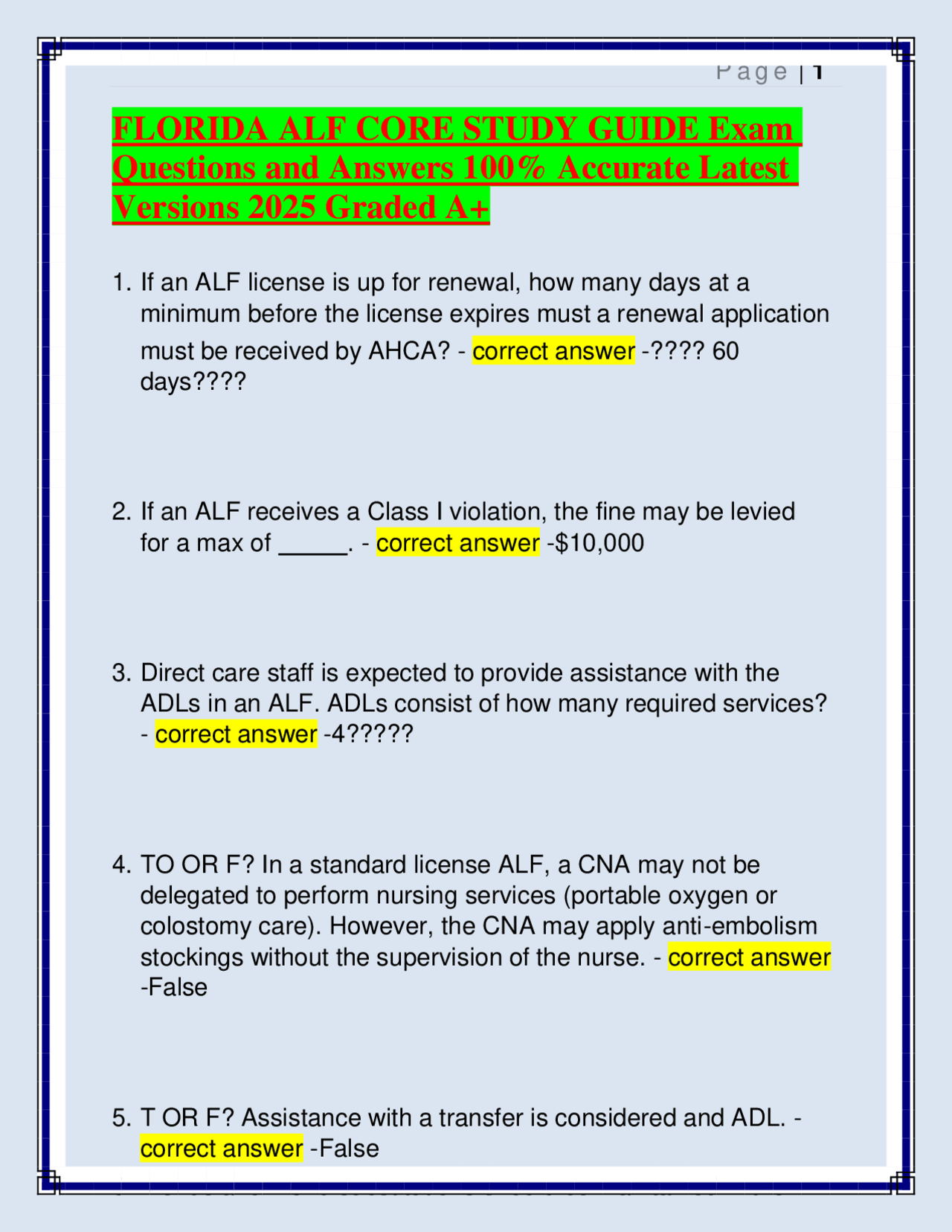 FLORIDA ALF CORE STUDY GUIDE Exam Questions and Answers 100% Accurate ...