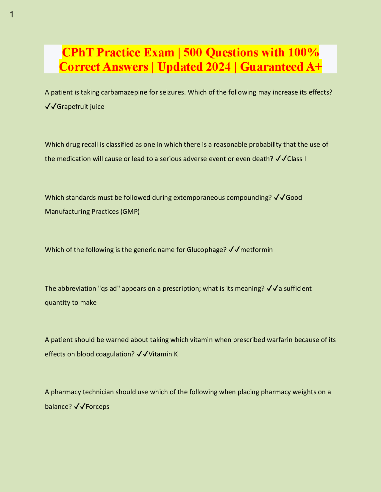 CPhT Practice Exam | 500 Questions with 100% Correct Answers | Updated ...