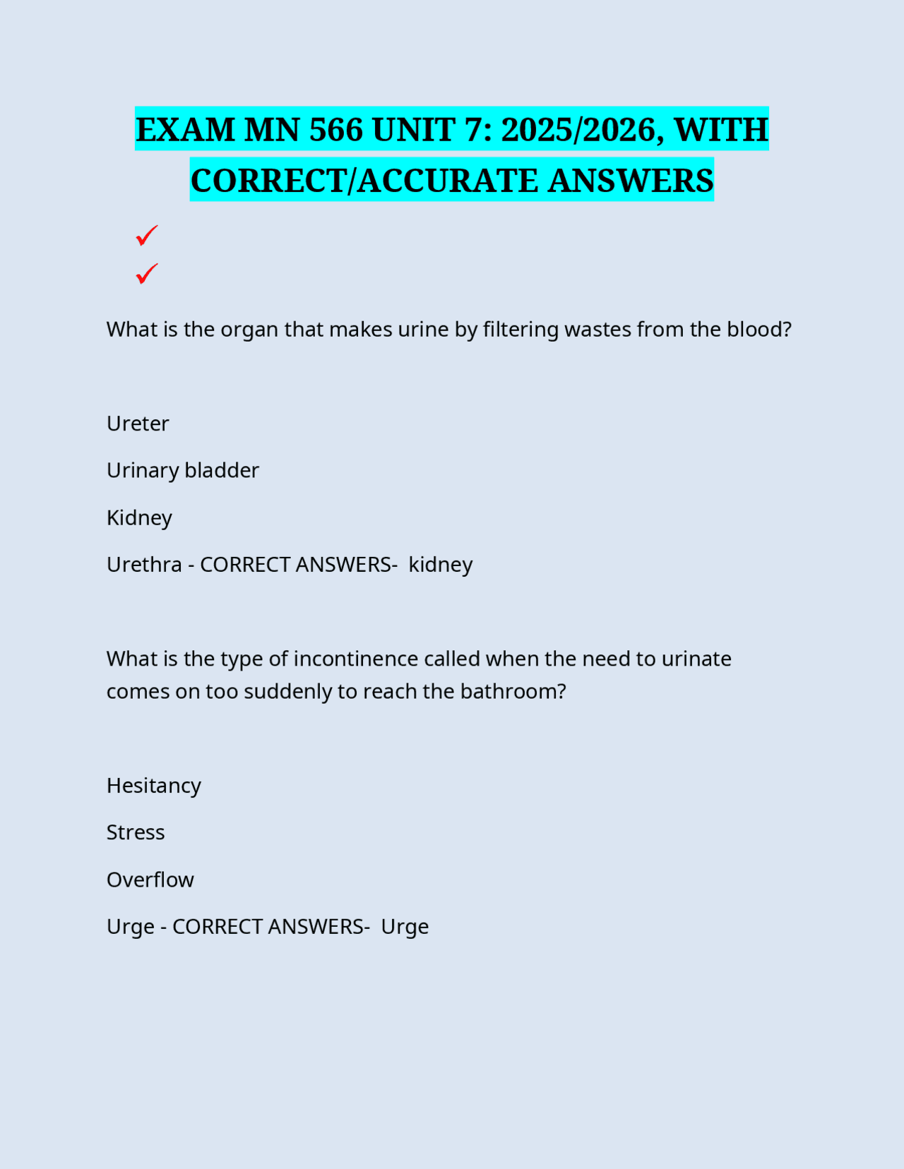 EXAM MN 566 UNIT 7: 2025/2026, WITH CORRECT/ACCURATE ANSWERS | Exams ...
