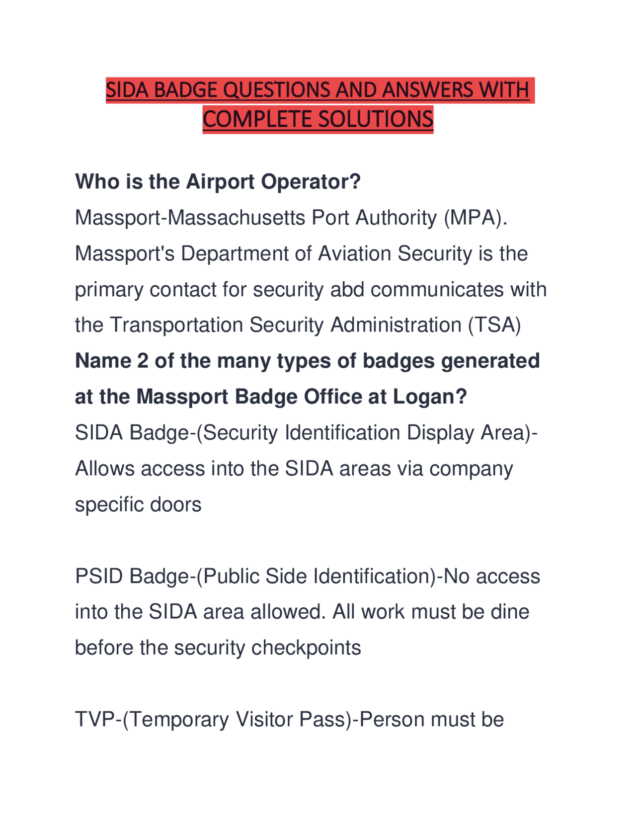 SIDA BADGE QUESTIONS AND ANSWERS WITH COMPLETE SOLUTIONS | Exams ...