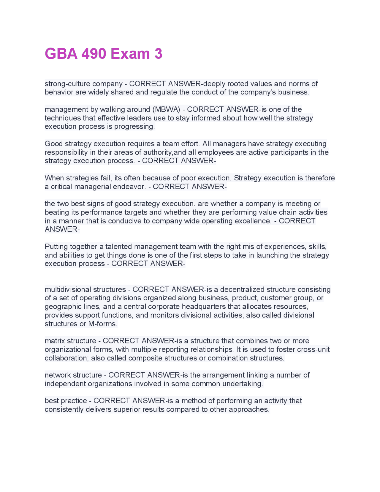 GBA 490 Exam 3 | Questions and Answers | 2025 Update | 100% Correct | Exams Advanced Education ...