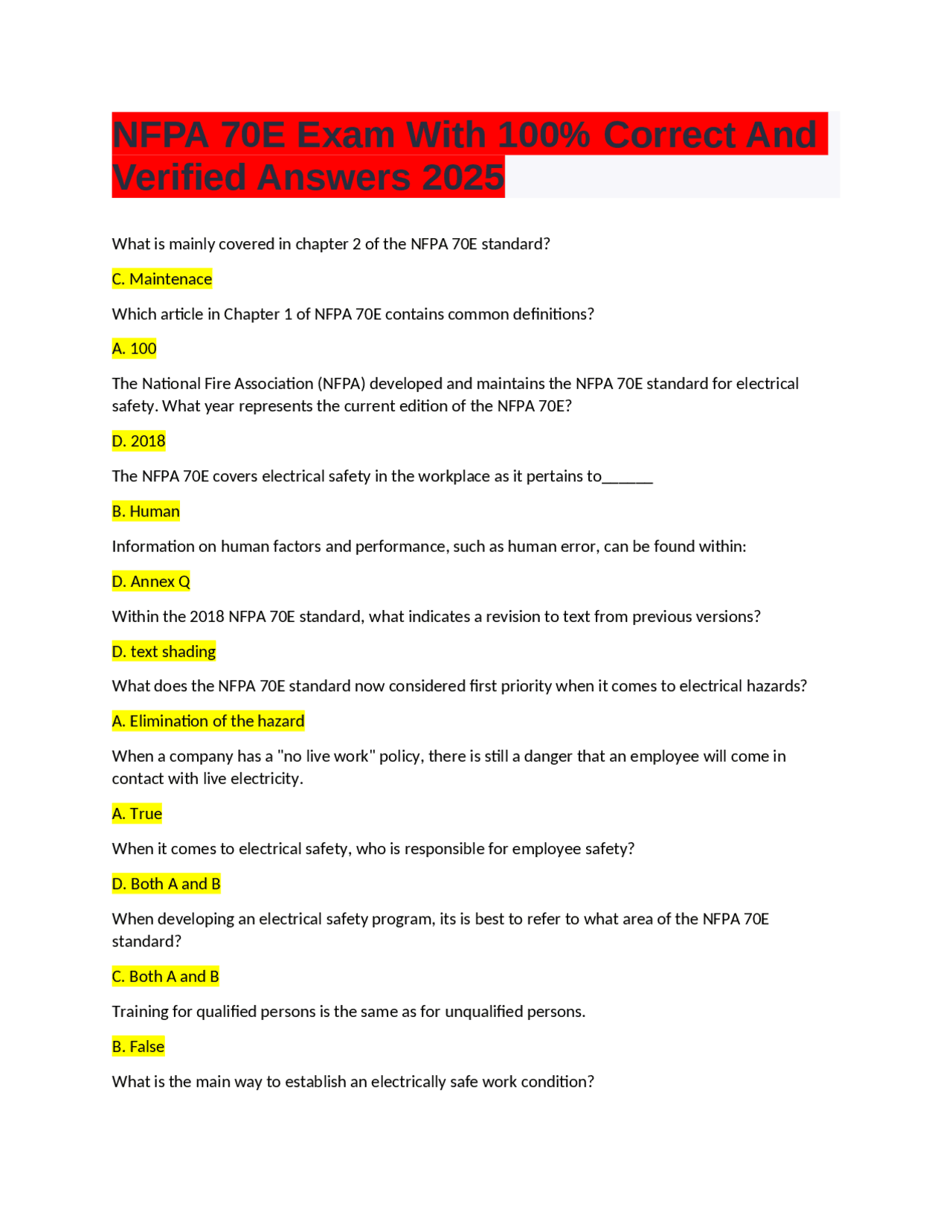 NFPA 70E Exam With 100% Correct And Verified Answers 2025 | Exams ...