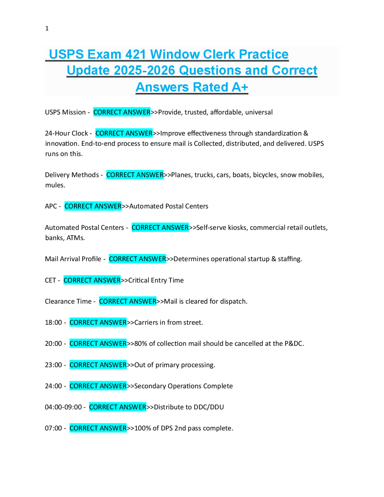 USPS Exam 421 Window Clerk Practice Update 2025-2026 Questions and ...