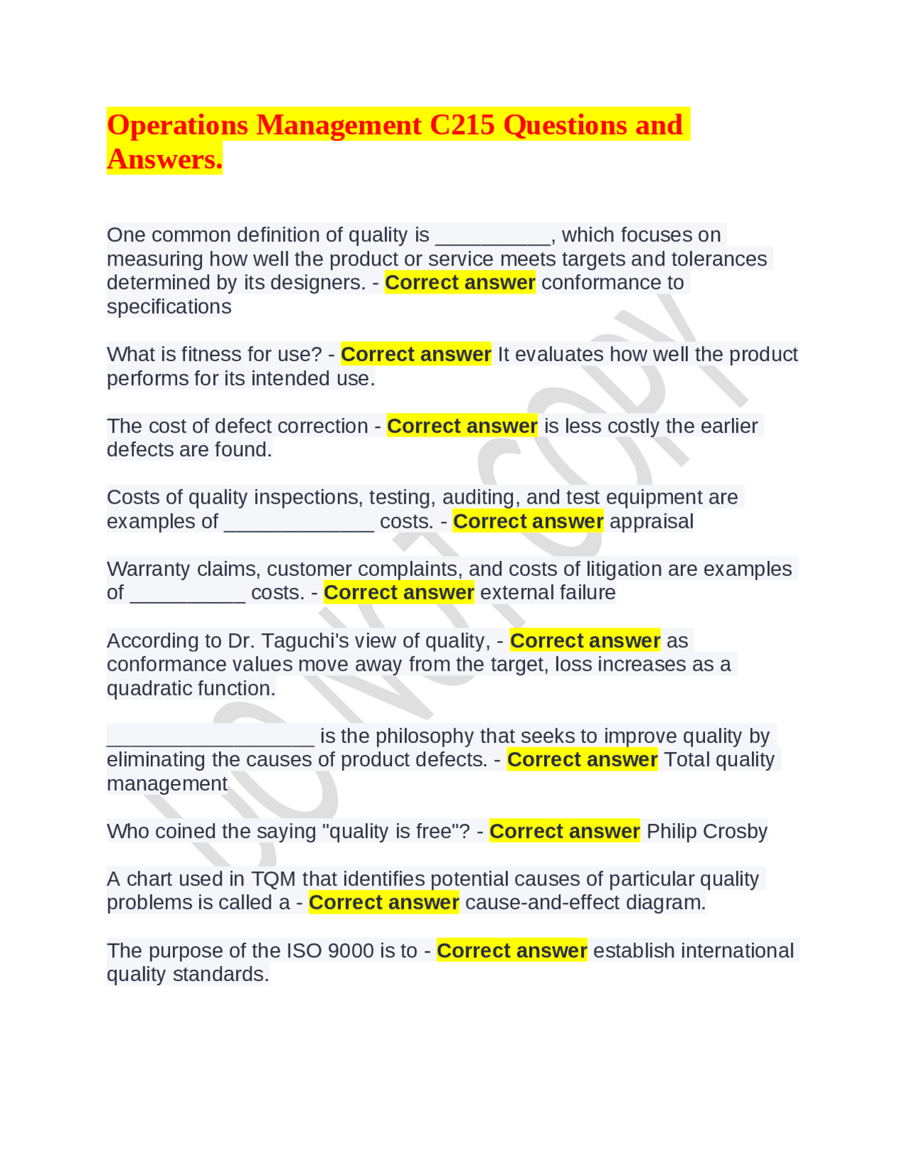 Operations Management C215 Questions and Answers. | Exams Production and Operations Management ...