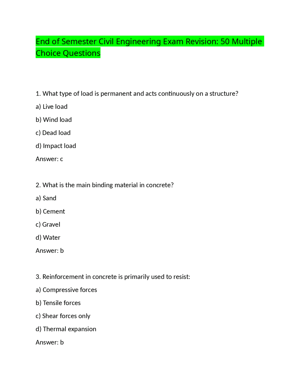 End of Semester Civil Engineering Exam Revision: 50 Multiple Choice ...