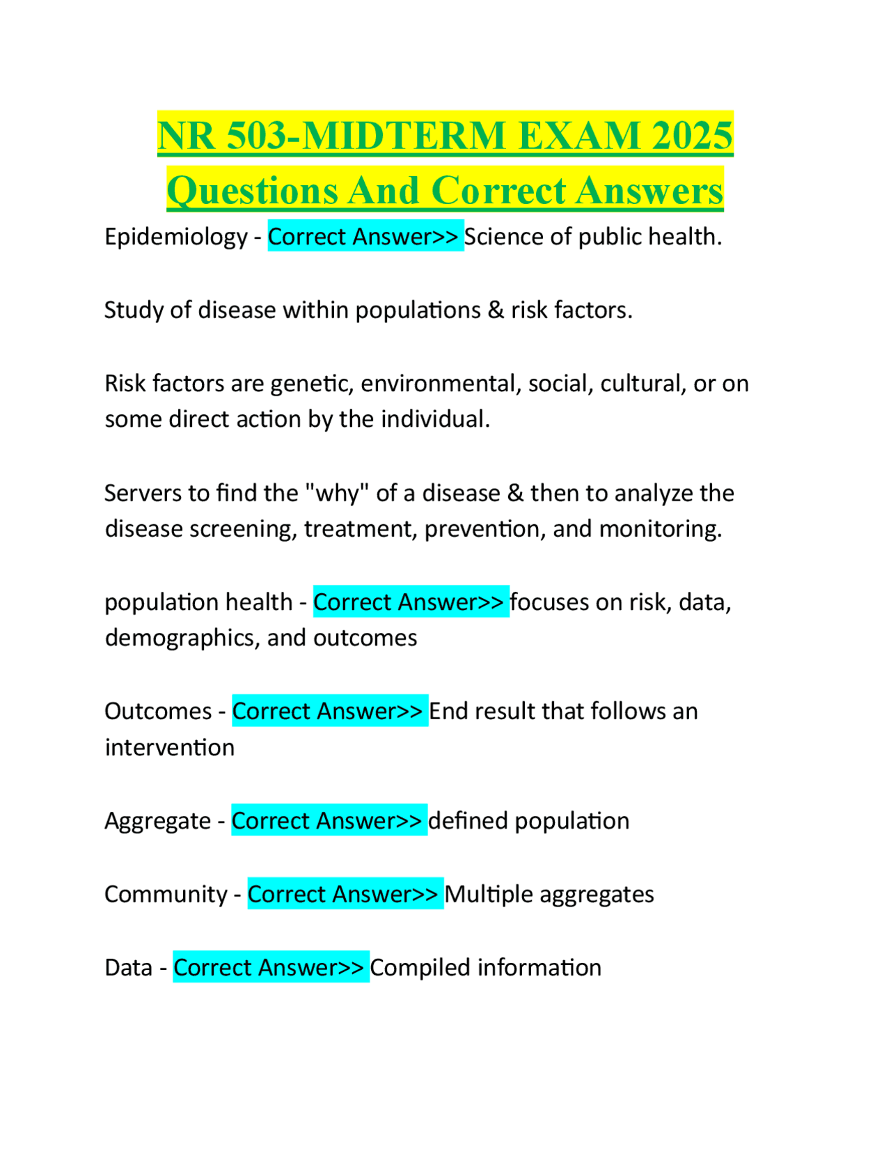 NR 503-MIDTERM EXAM 2025 Questions And Correct Answers | Exams Epidemiology | Docsity