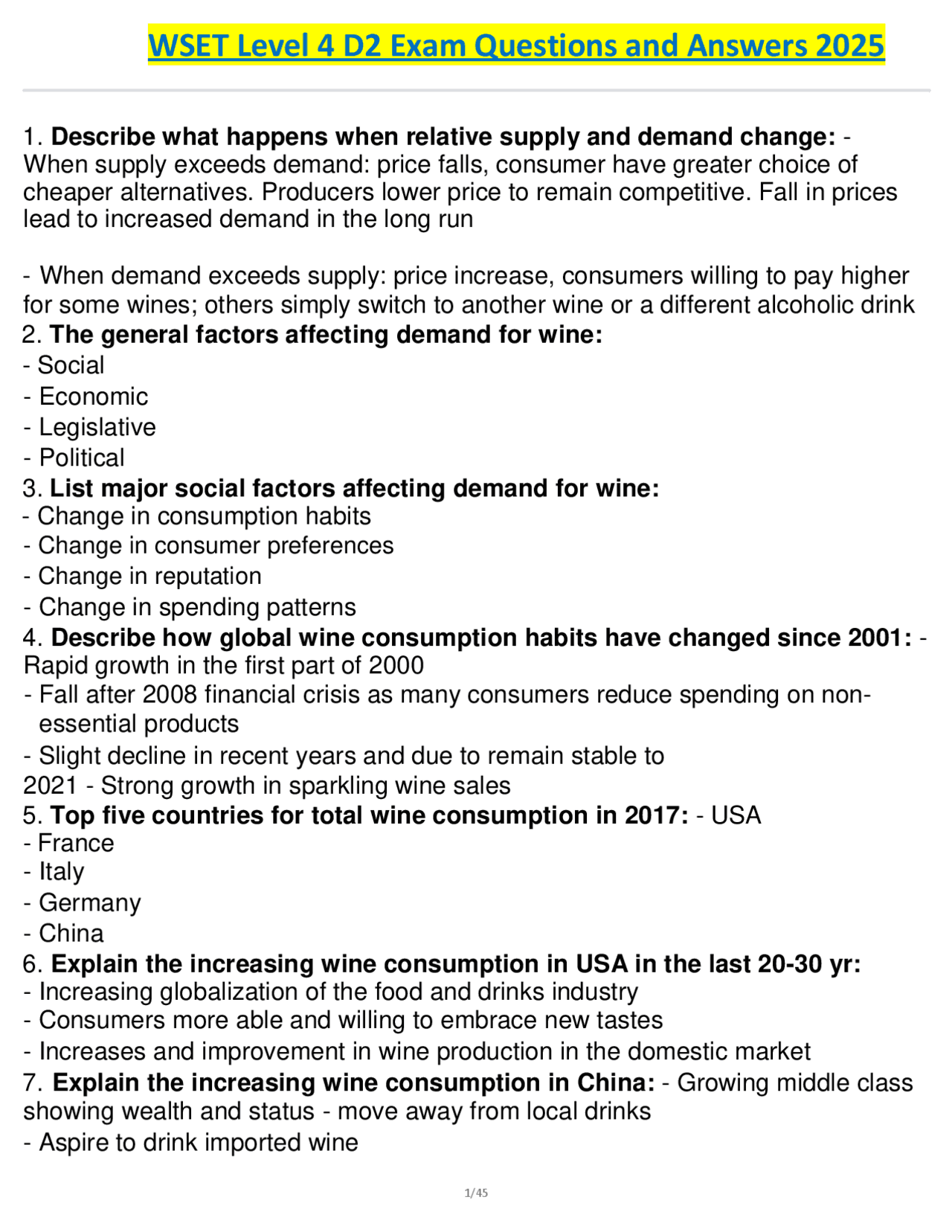 WSET Level 4 D2 Exam Questions and Answers | Exams Nursing | Docsity