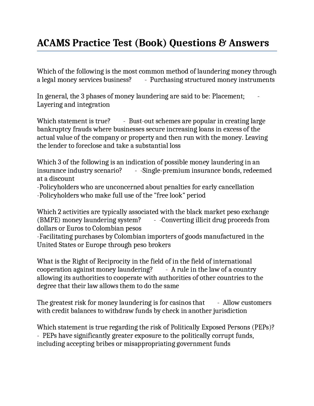 ACAMS Practice Test (Book) Questions & Answers | Exams Nursing | Docsity