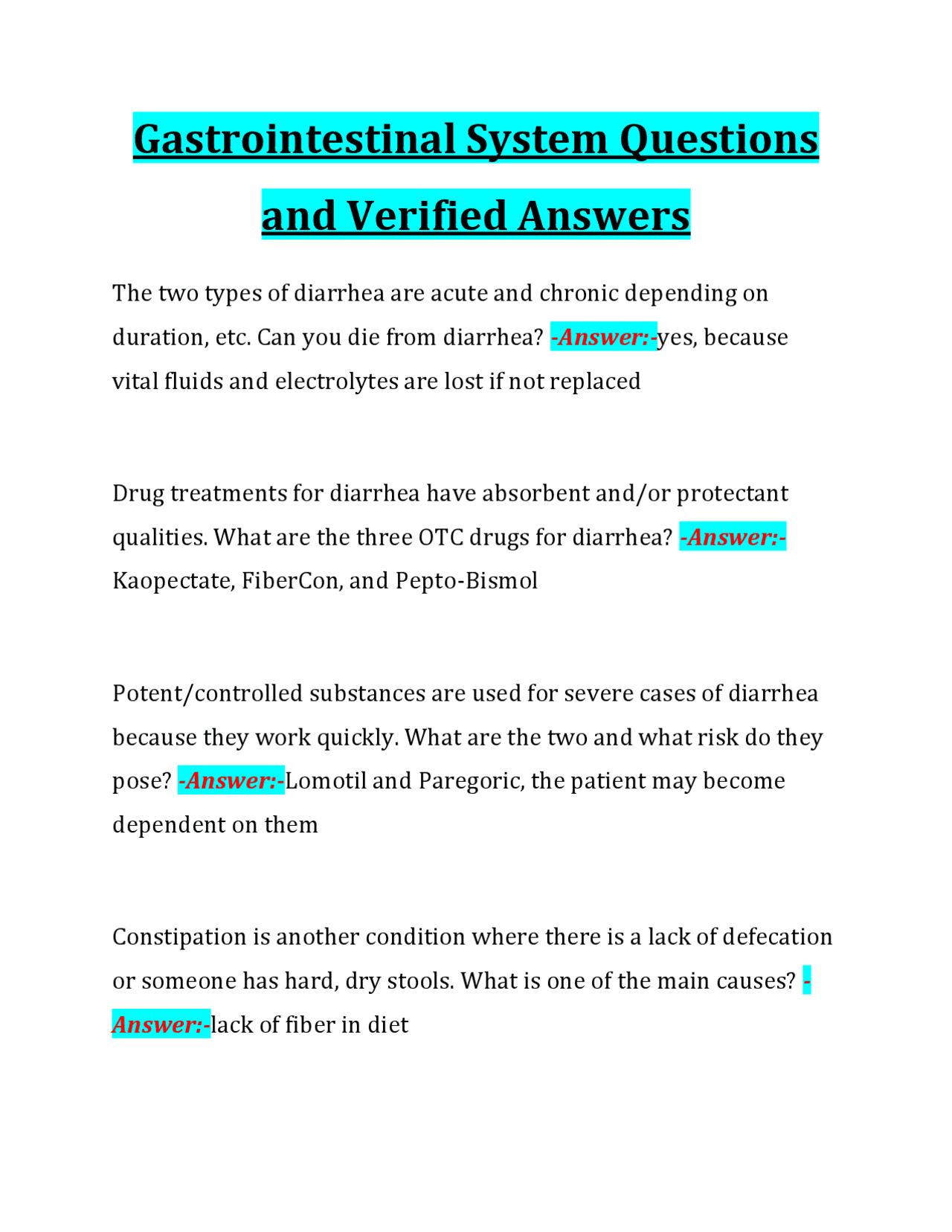 Gastrointestinal System Questions and Verified Answers | Exams Nursing ...