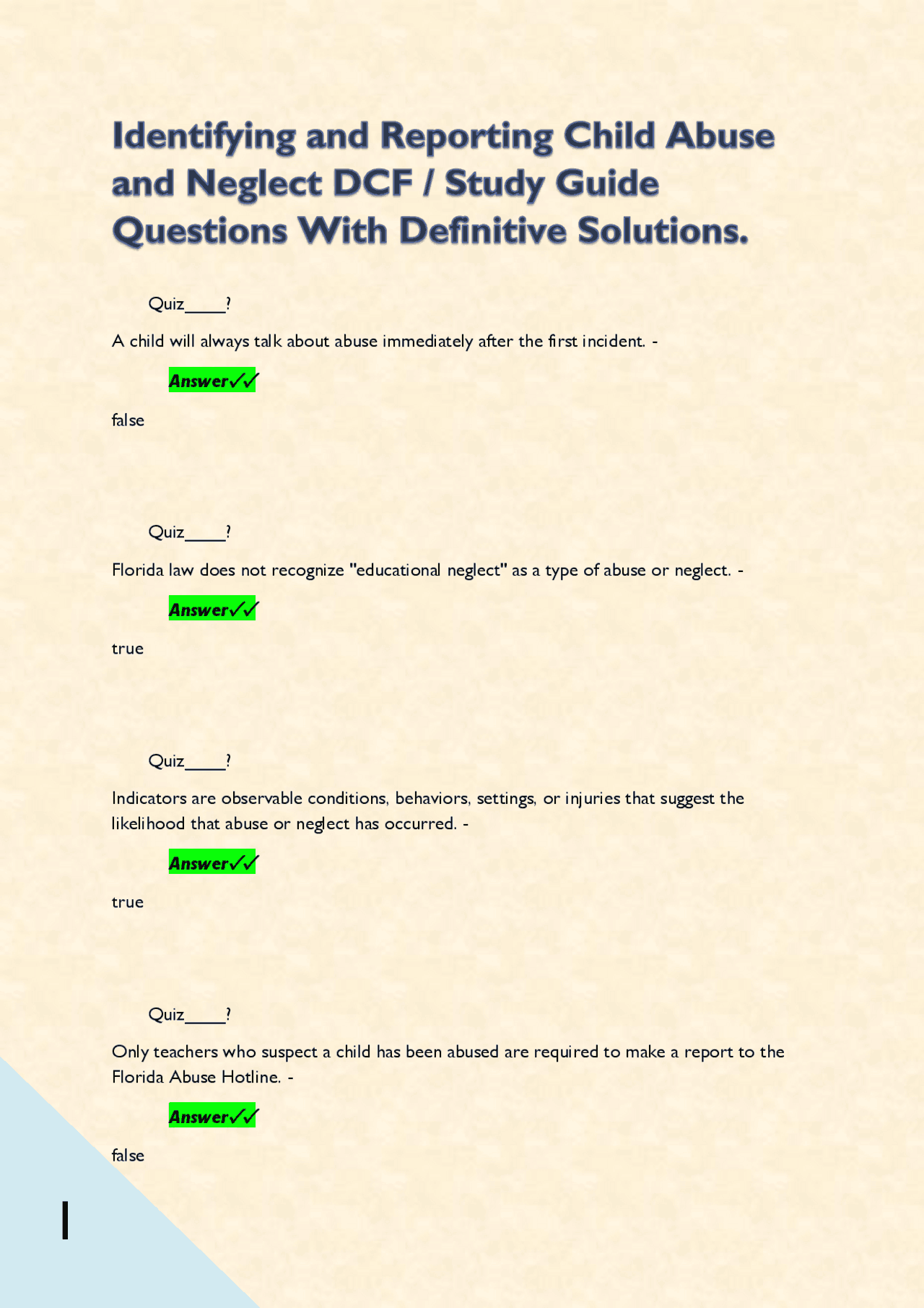 Identifying and Reporting Child Abuse and Neglect DCF / Study Guide Questions with Definit ...