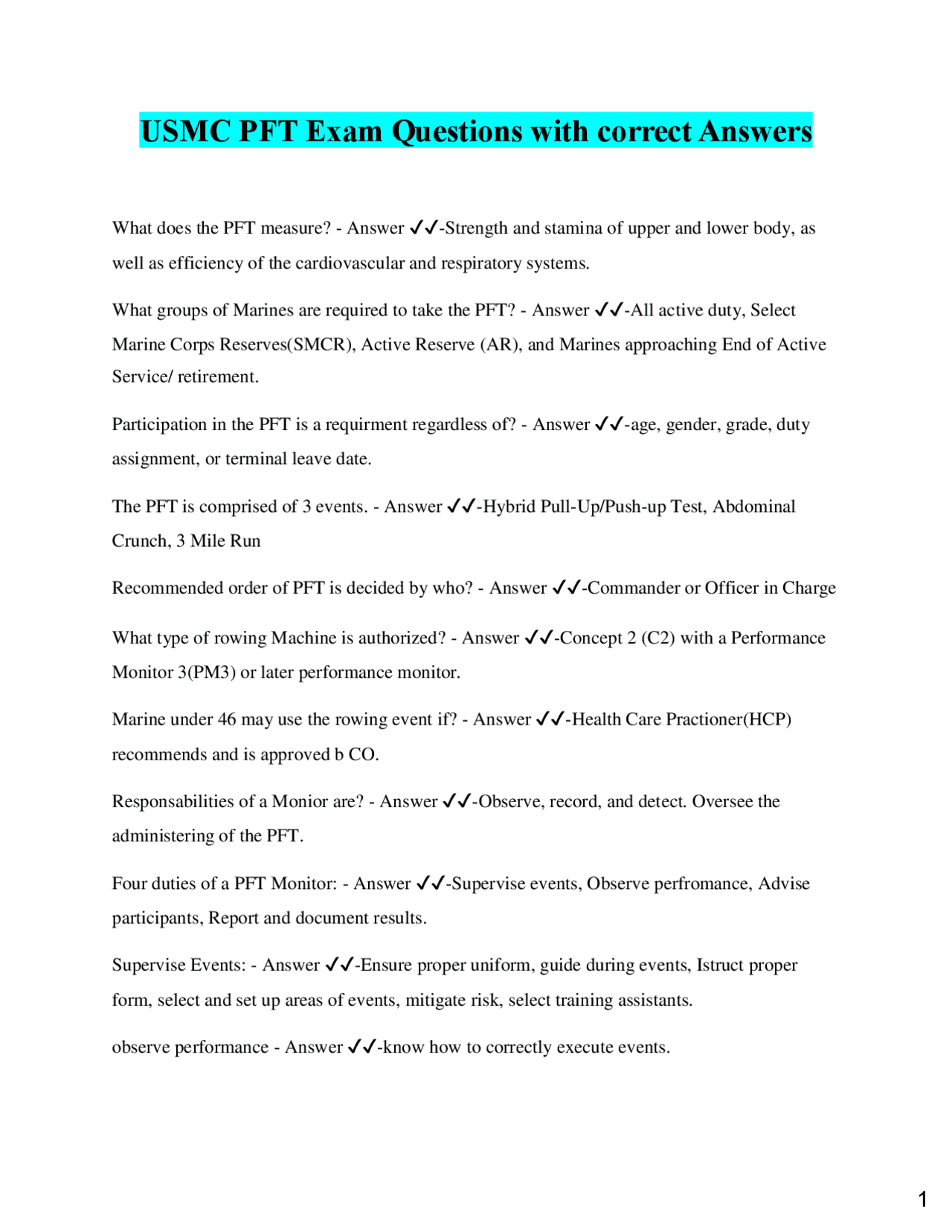 USMC PFT Exam Questions with correct Answers What does the PFT measure ...