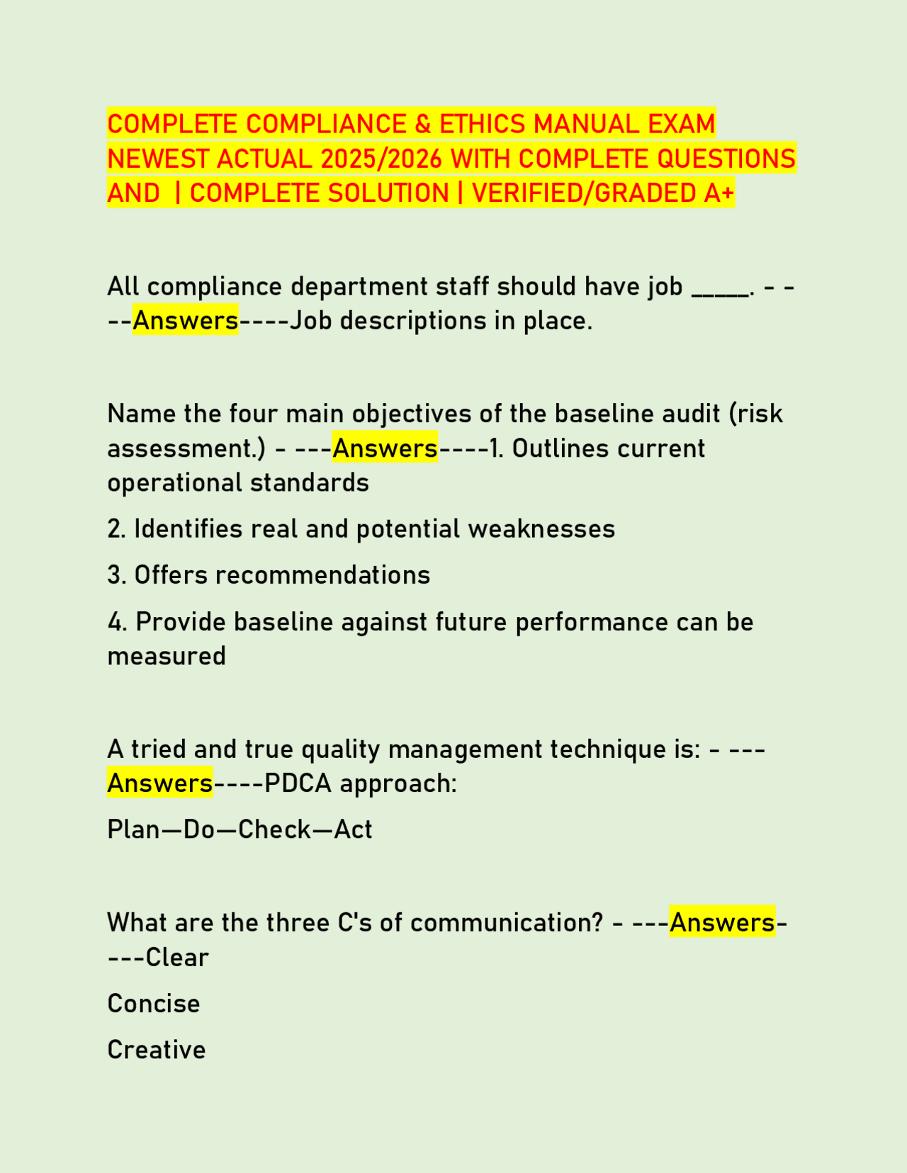 COMPLETE COMPLIANCE & ETHICS MANUAL EXAM NEWEST ACTUAL 2025/2026 WITH ...