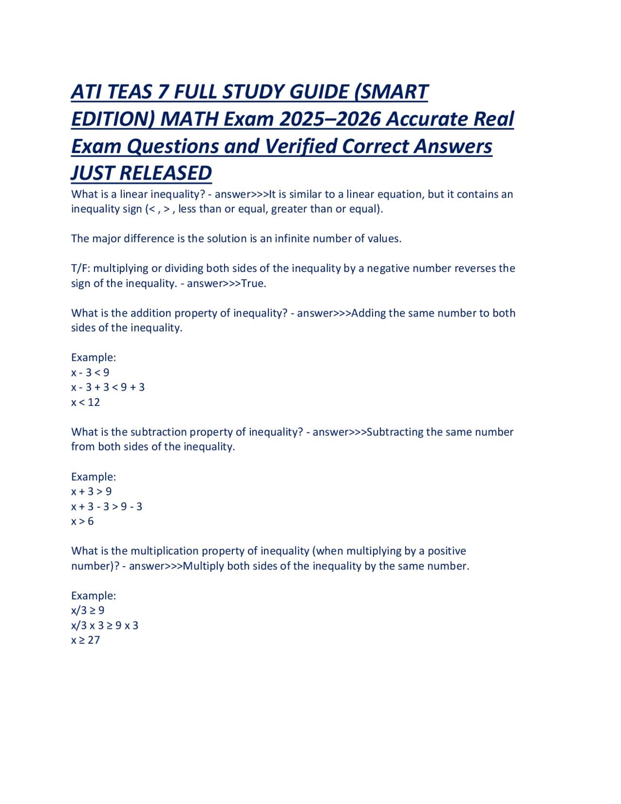 ATI TEAS 7 FULL STUDY GUIDE (SMART EDITION) MATH Exam 2025–2026 nursing ...