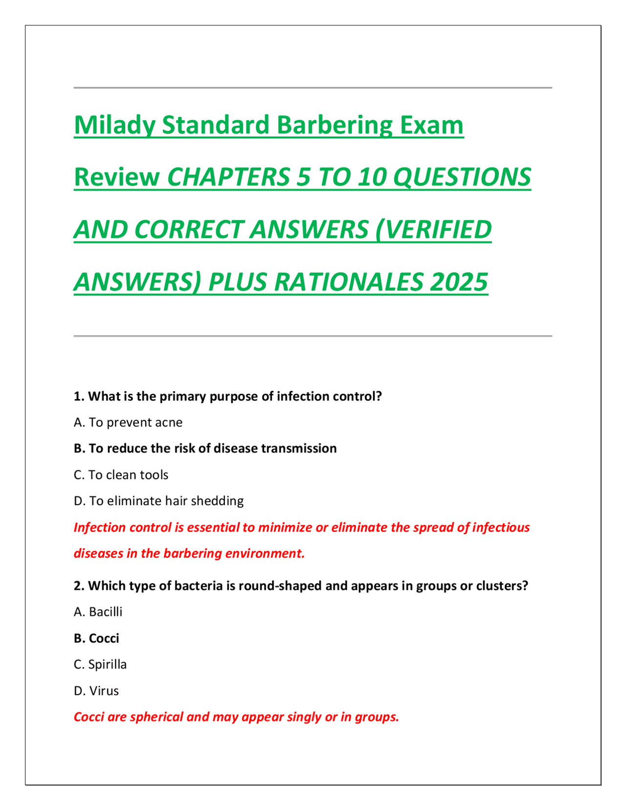 Milady Standard Barbering Exam Review CHAPTERS 5 TO 10 QUESTIONS AND ...