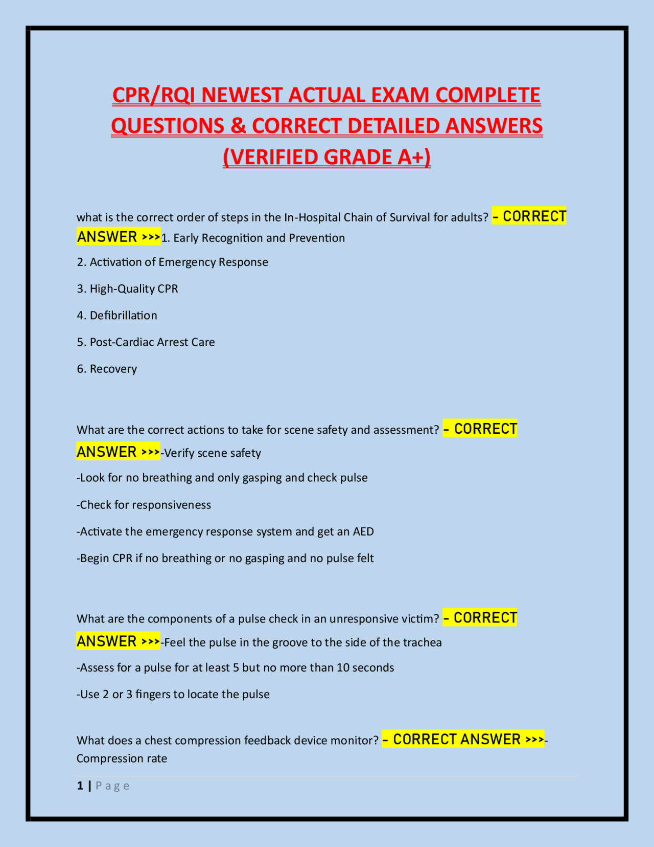CPR/RQI NEWEST ACTUAL EXAM COMPLETE QUESTIONS & CORRECT DETAILED ...