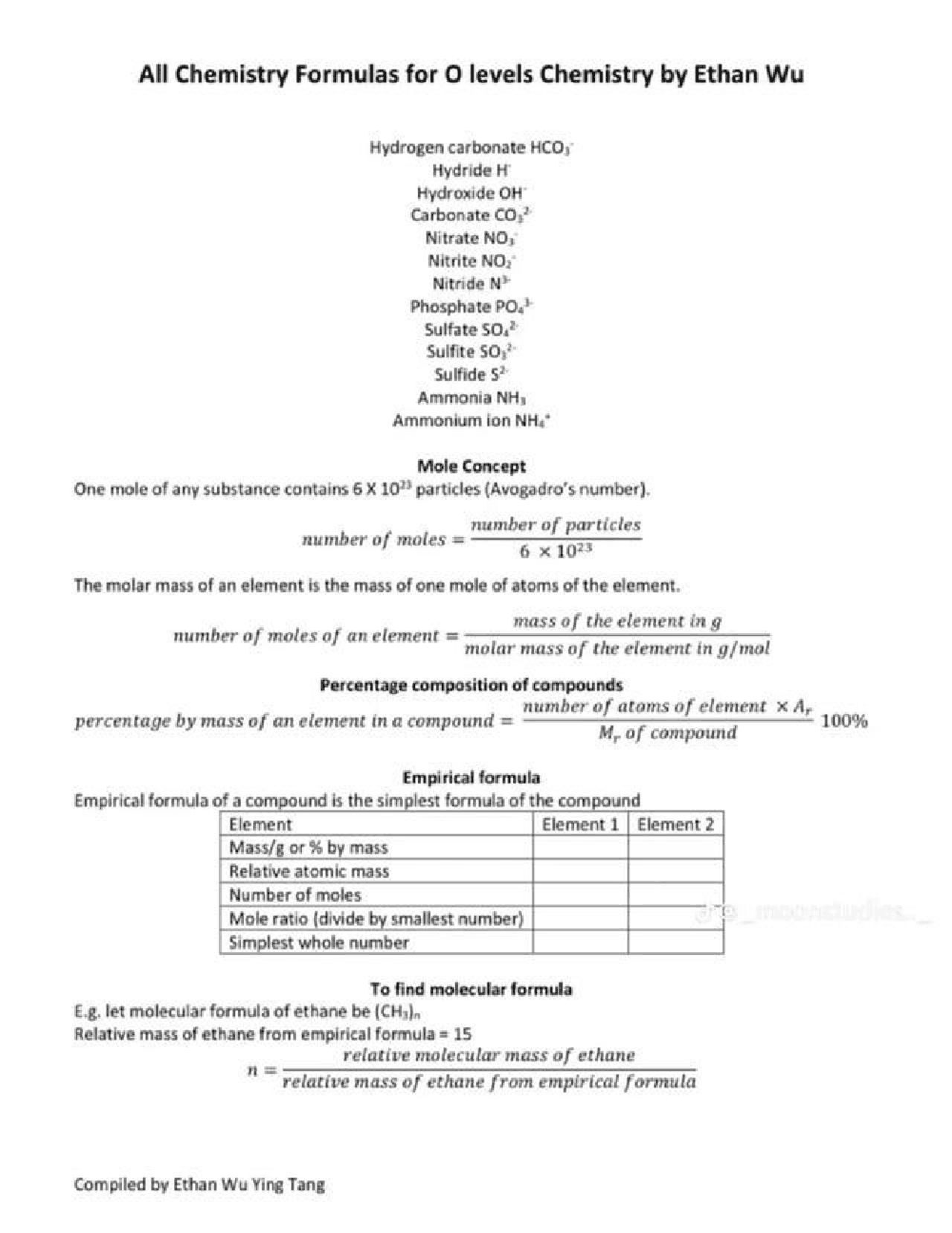All Chemistry Formulas for O levels Chemistry | Study notes Chemistry ...