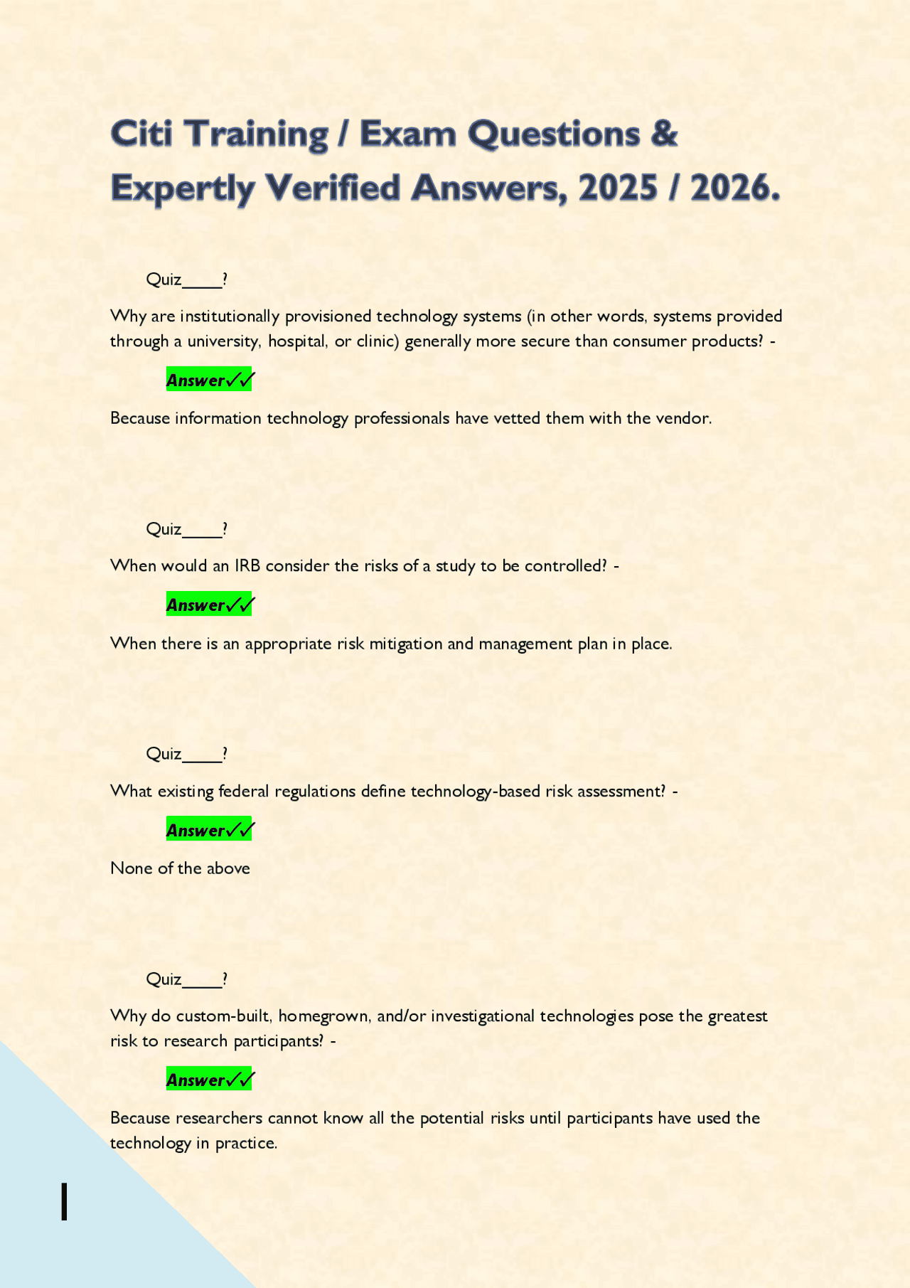 Citi Training / Exam Questions & Expertly Verified Answers, 2025 / 2026 ...