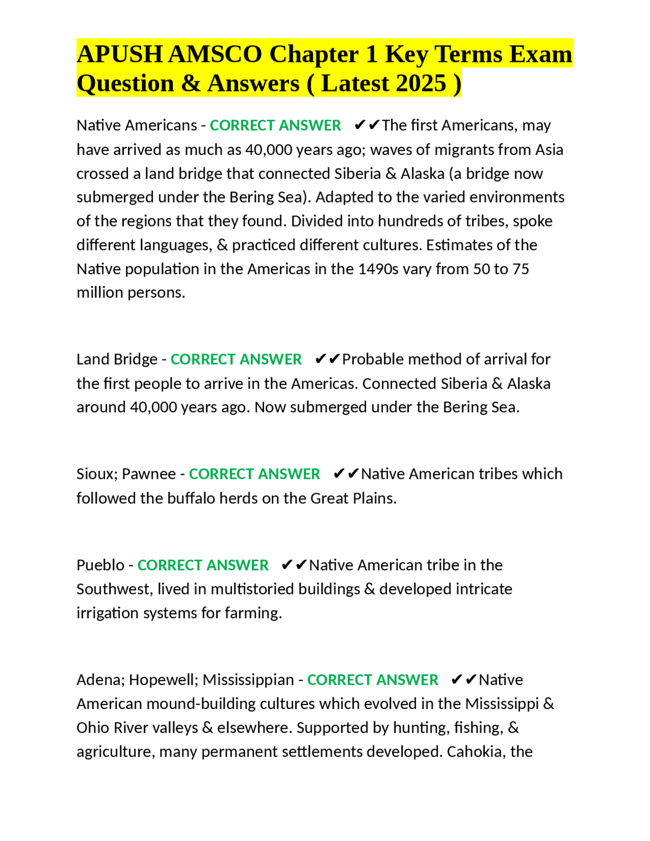 APUSH AMSCO Chapter 1 Key Terms Exam Question & Answers ( Latest 2025 ...