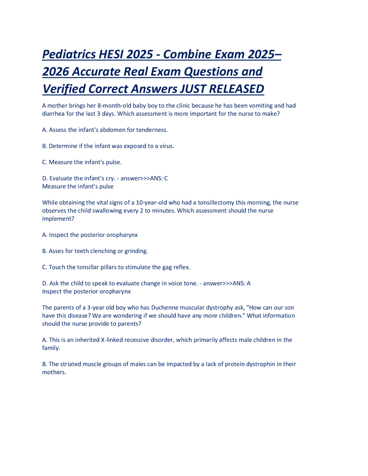 Pediatrics HESI 2025 - Combine Exam 2025–2026 pediatric HESI ...