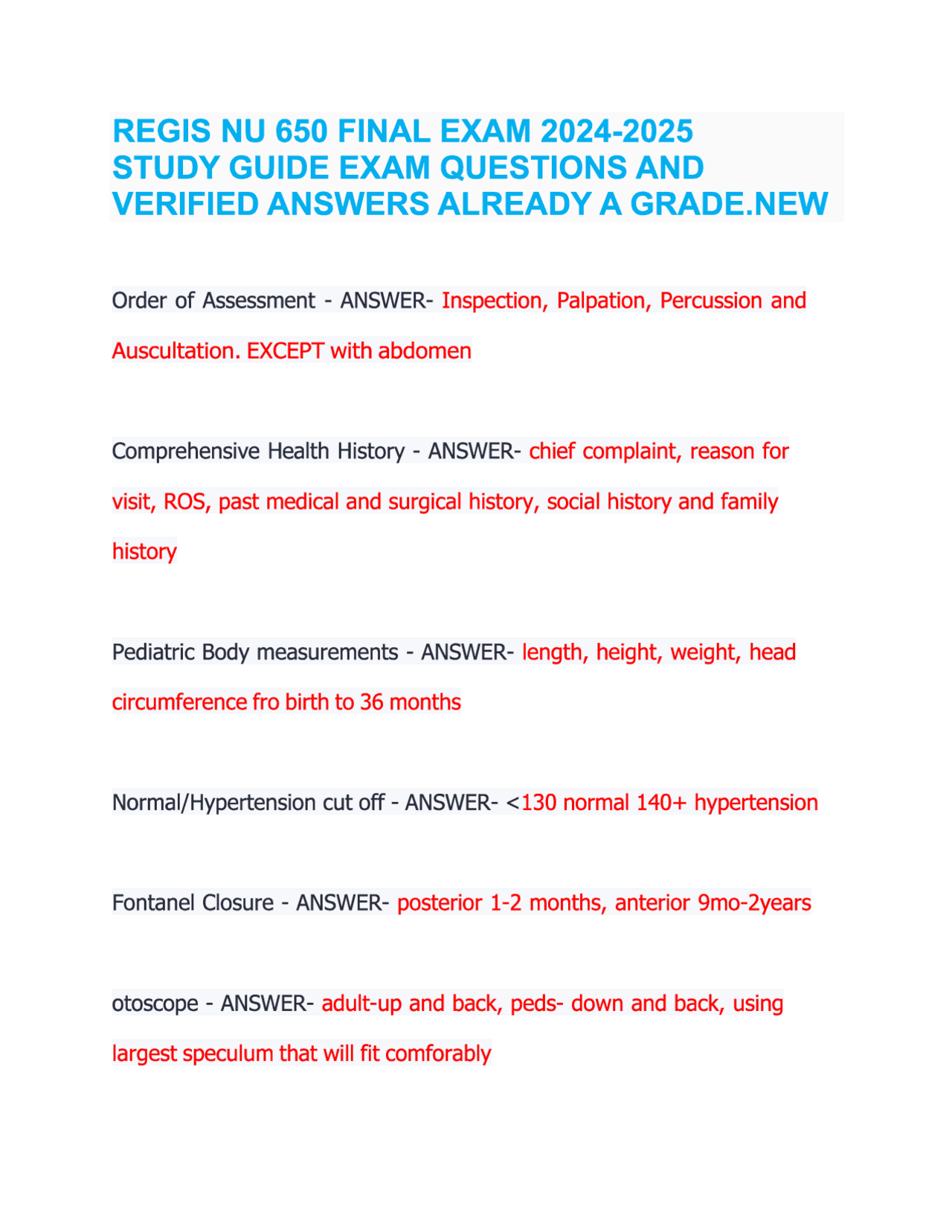 NU 650 Final Exam Study Guide: Comprehensive Assessment and Diagnostic ...