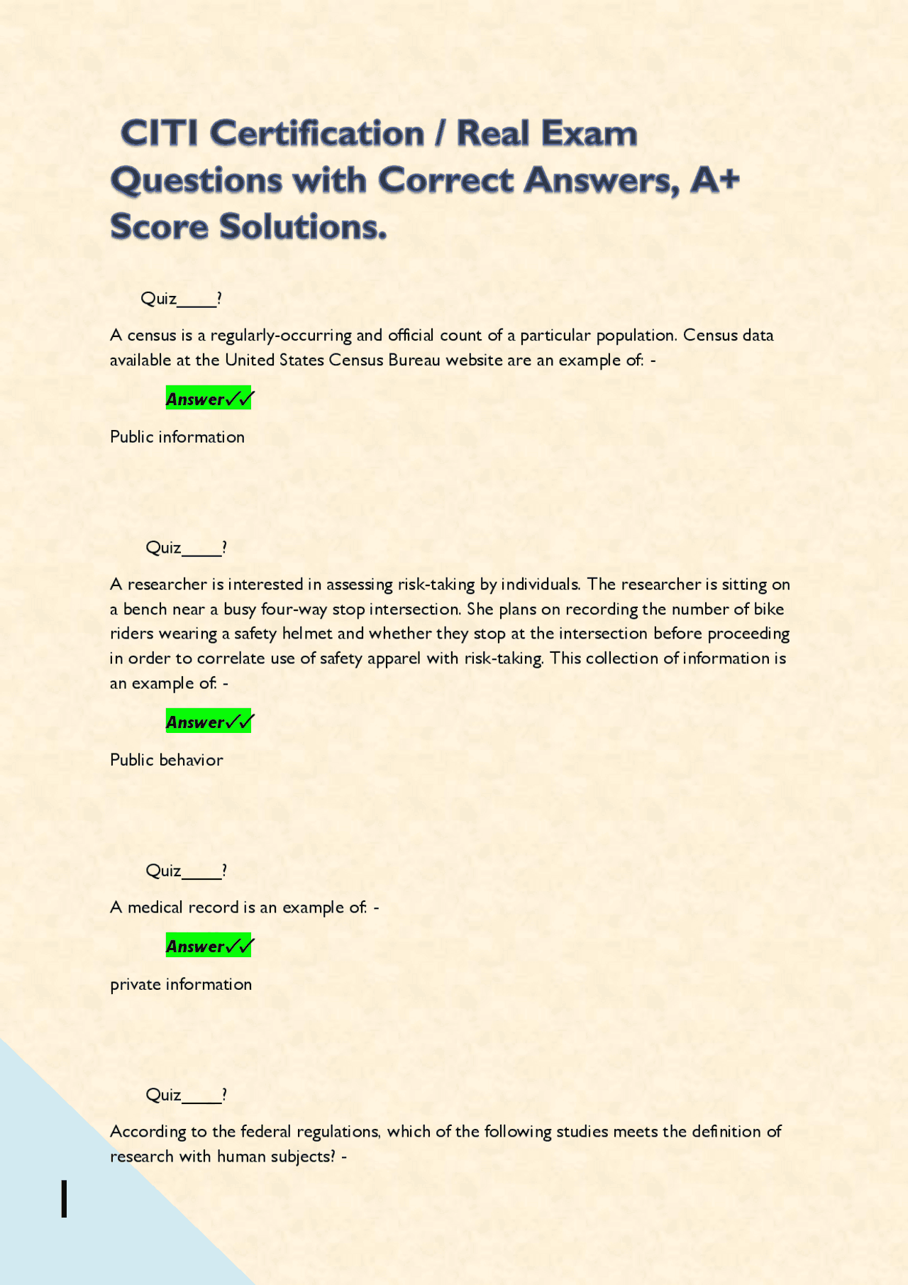 CITI Certification / Real Exam Questions with Correct Answers, A+ Score Solutions. | Exams ...