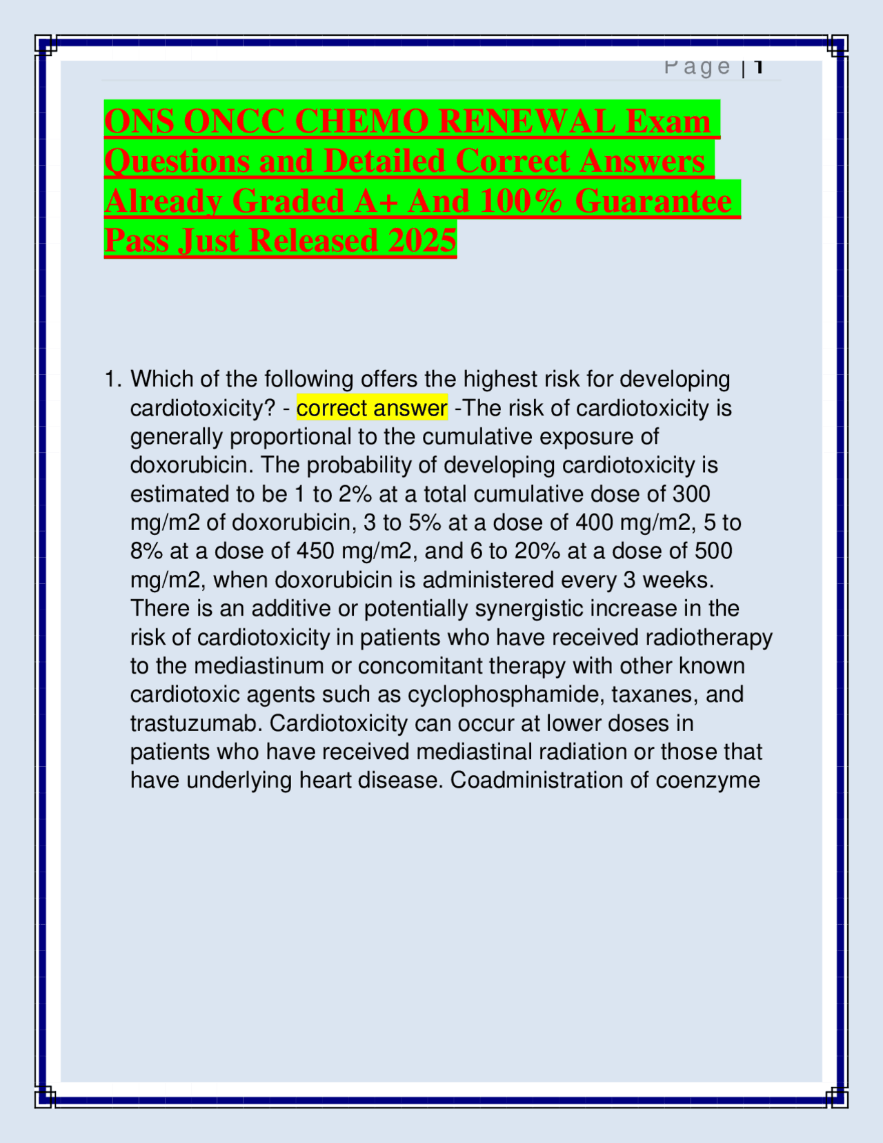 ONS ONCC CHEMO RENEWAL Exam Questions and Detailed Correct Answers ...
