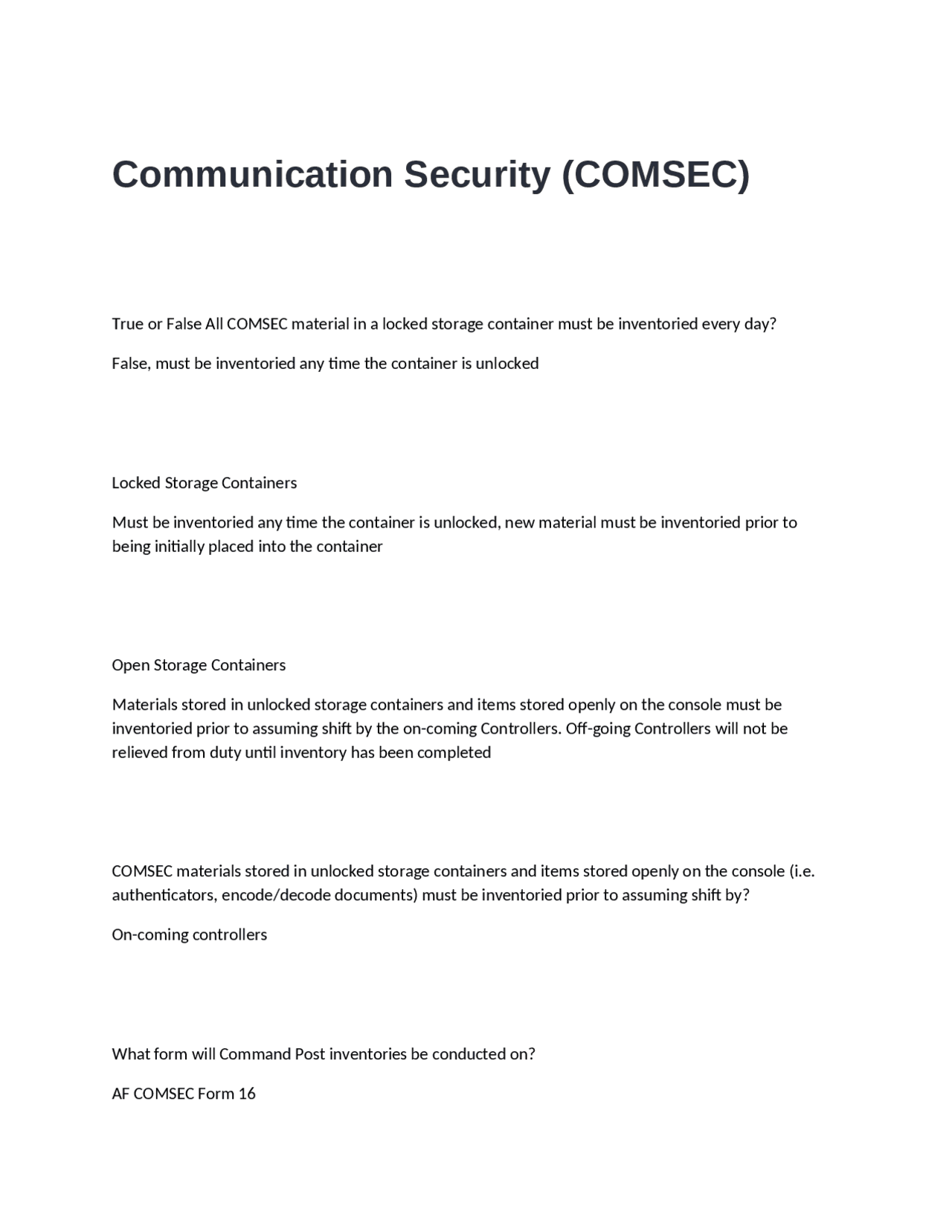 Communication Security (COMSEC) Exam Questions and Answers | Exams Nursing | Docsity