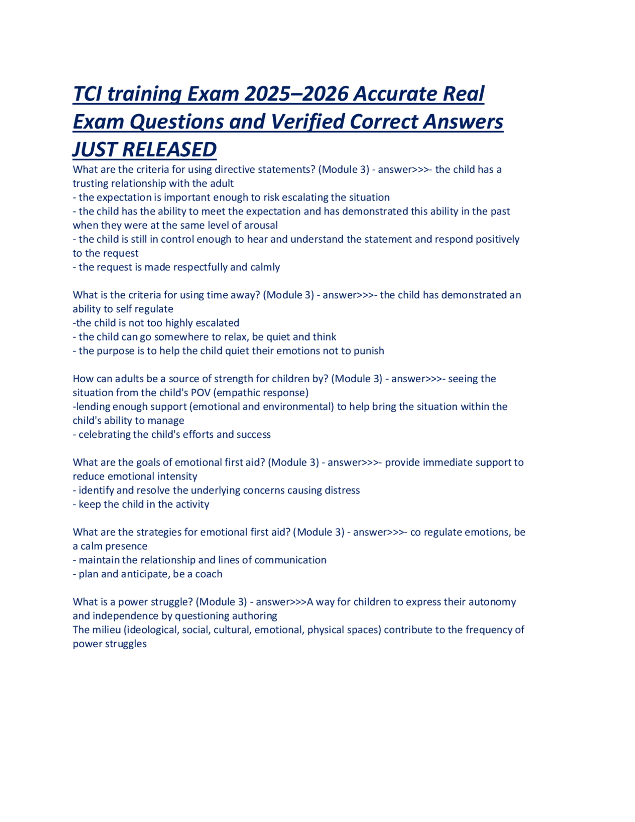 TCI training Exam 2025–2026 (Therapeutic Crisis Intervention)Accurate ...