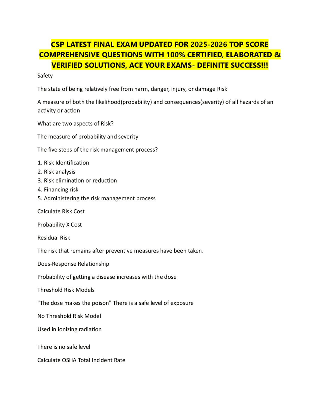 CSP LATEST FINAL EXAM UPDATED FOR 2025-2026 TOP SCORE COMPREHENSIVE ...
