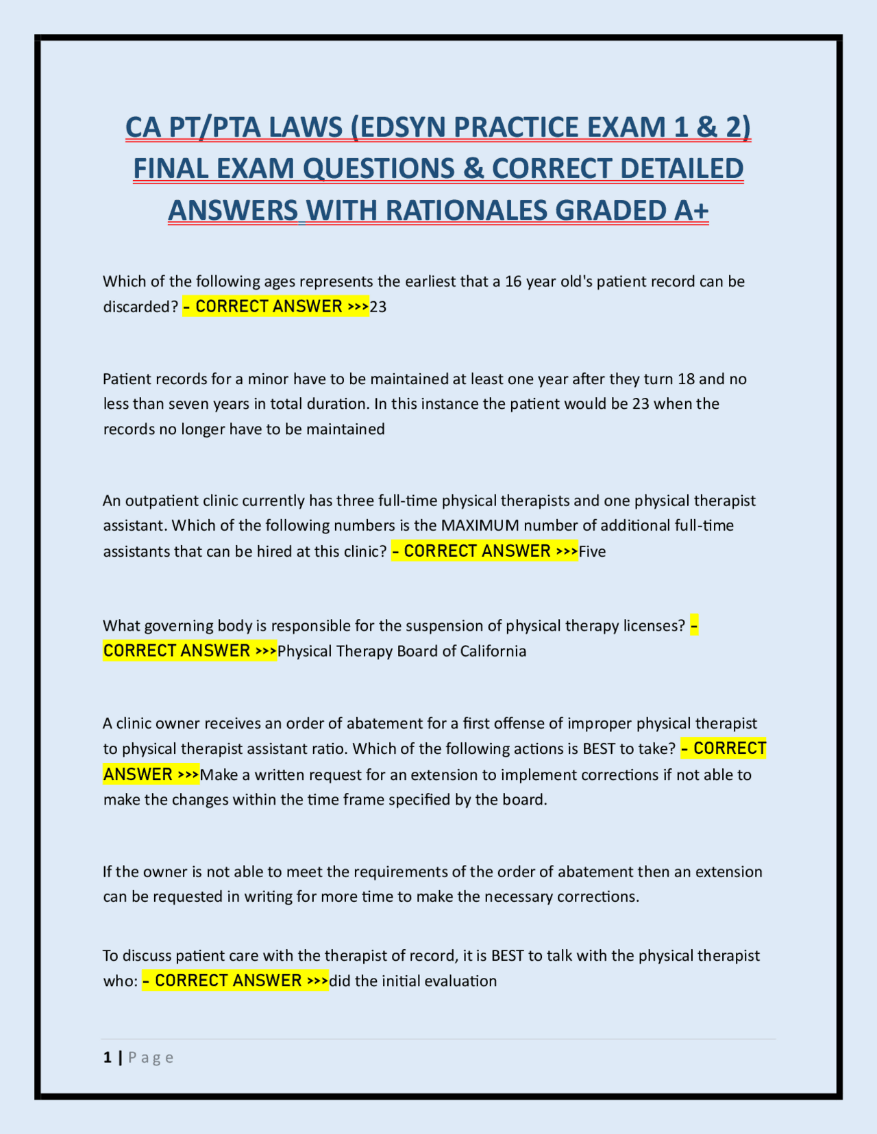 CA PT/PTA LAWS (EDSYN PRACTICE EXAM 1 & 2)FINAL EXAM QUESTIONS ...