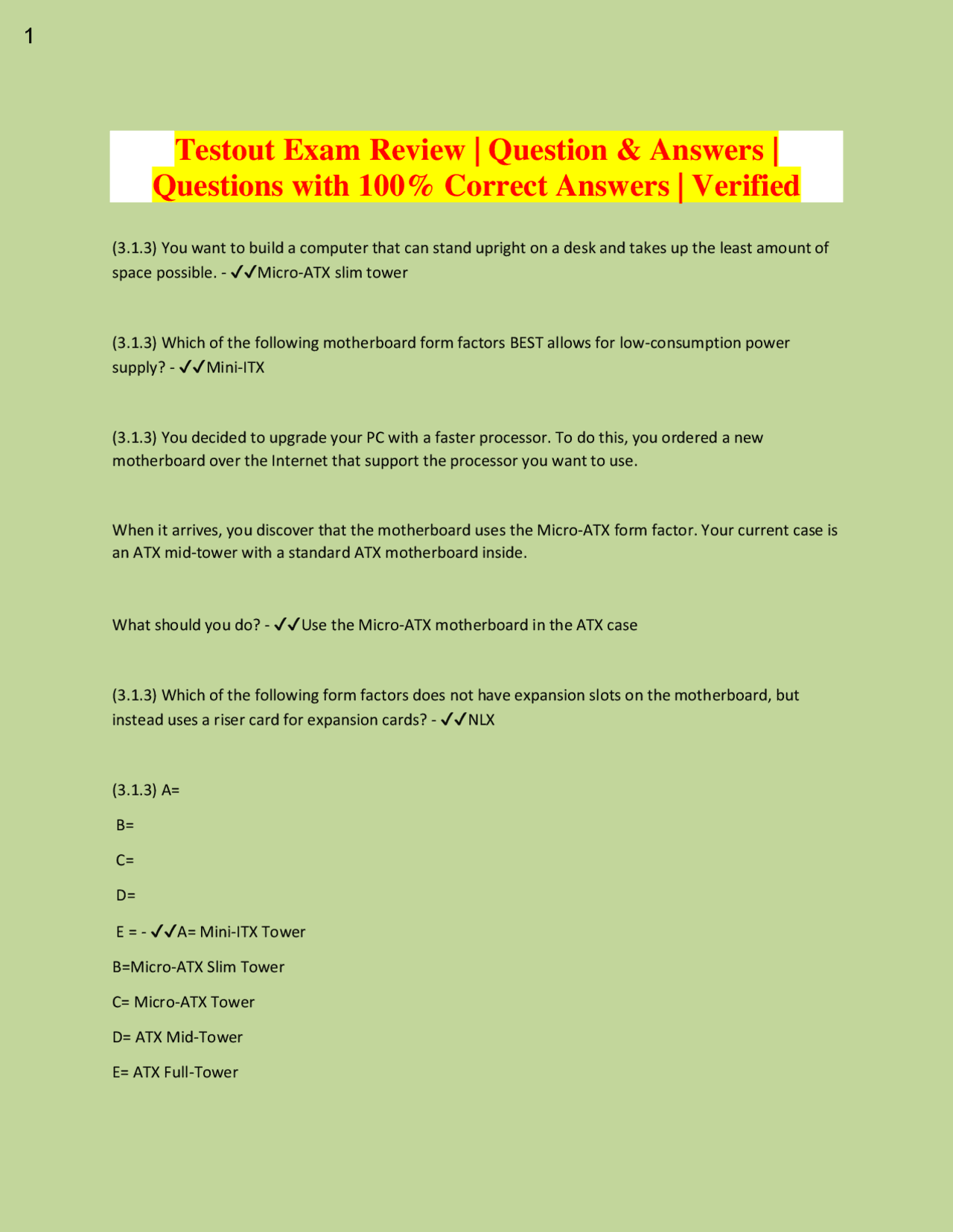 TestOut Exam Review: Motherboard and Power Supply Q&A | Exams Computer ...