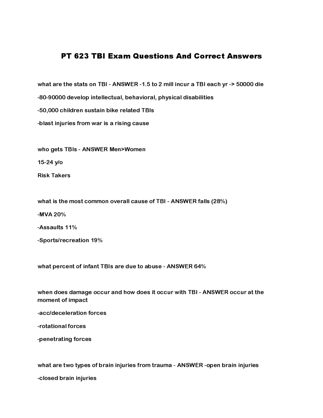 PT 623 TBI Exam Questions And Correct Answers | Exams Advanced ...