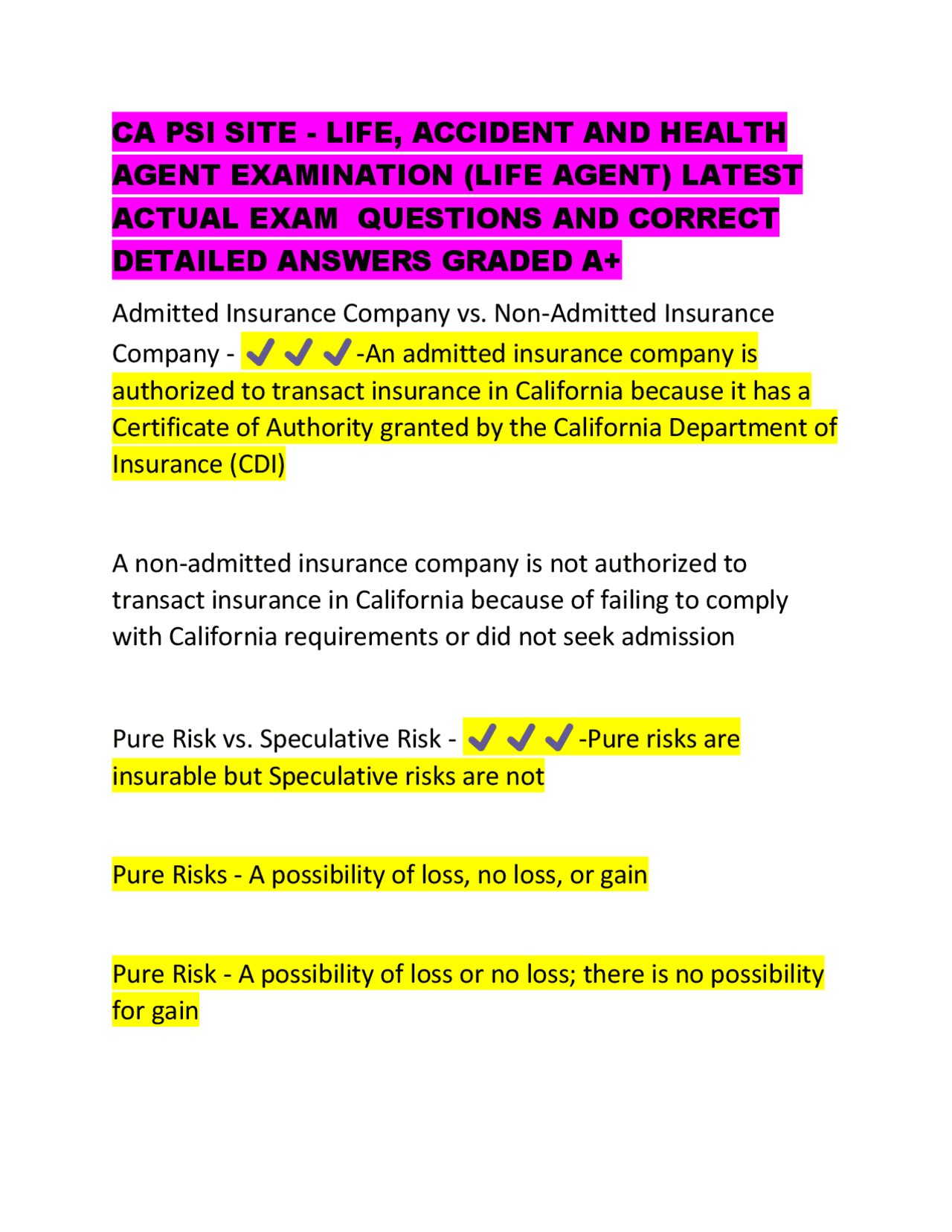 CA PSI SITE - LIFE, ACCIDENT AND HEALTH AGENT EXAMINATION (LIFE AGENT ...