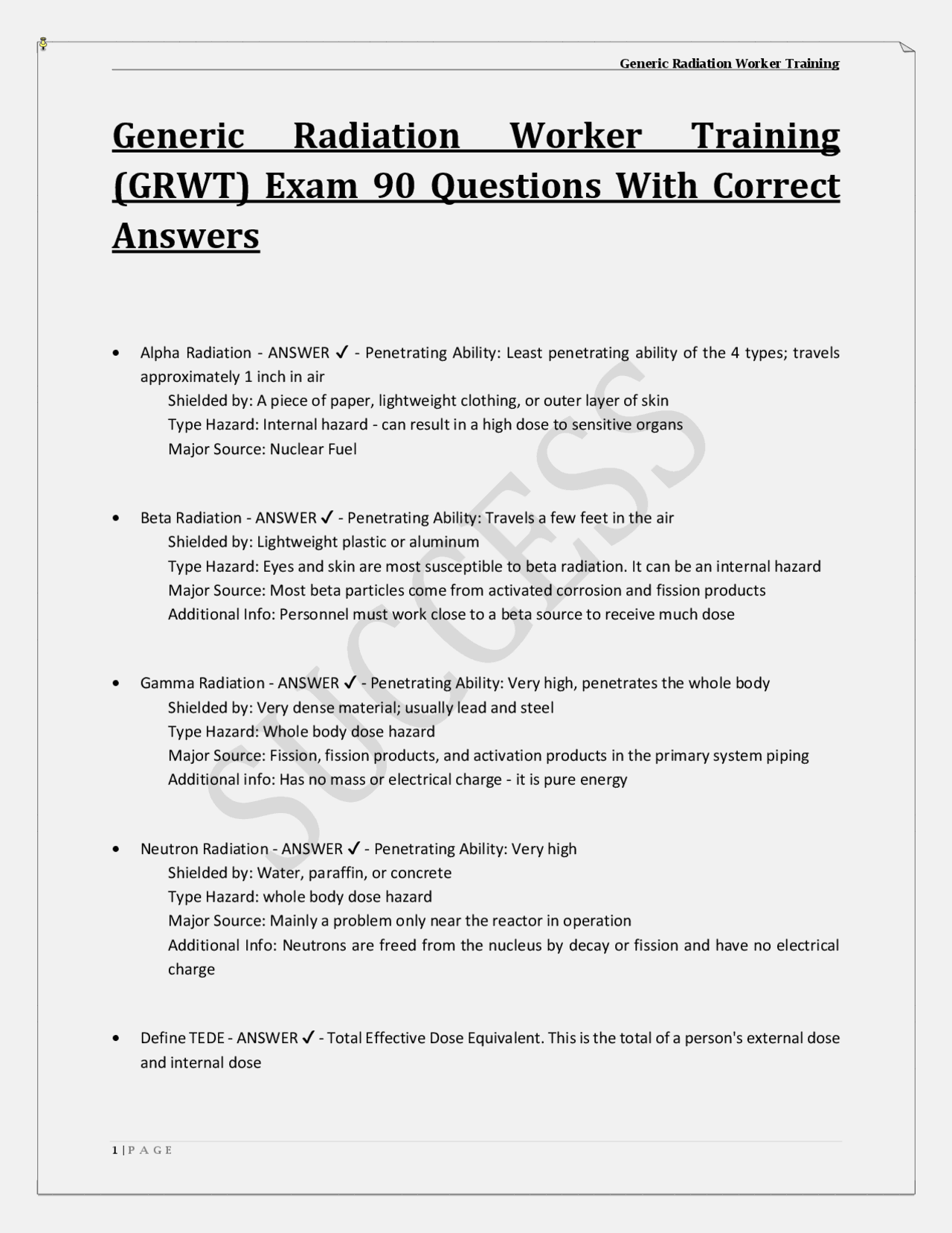 Generic Radiation Worker Training (GRWT) Exam 90 Questions With Correct ...