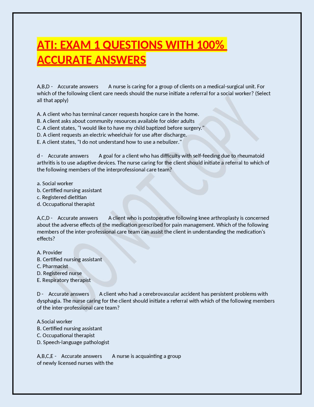 ATI Exam 1 – Fundamentals of Nursing – 2025 – Questions with 100% ...