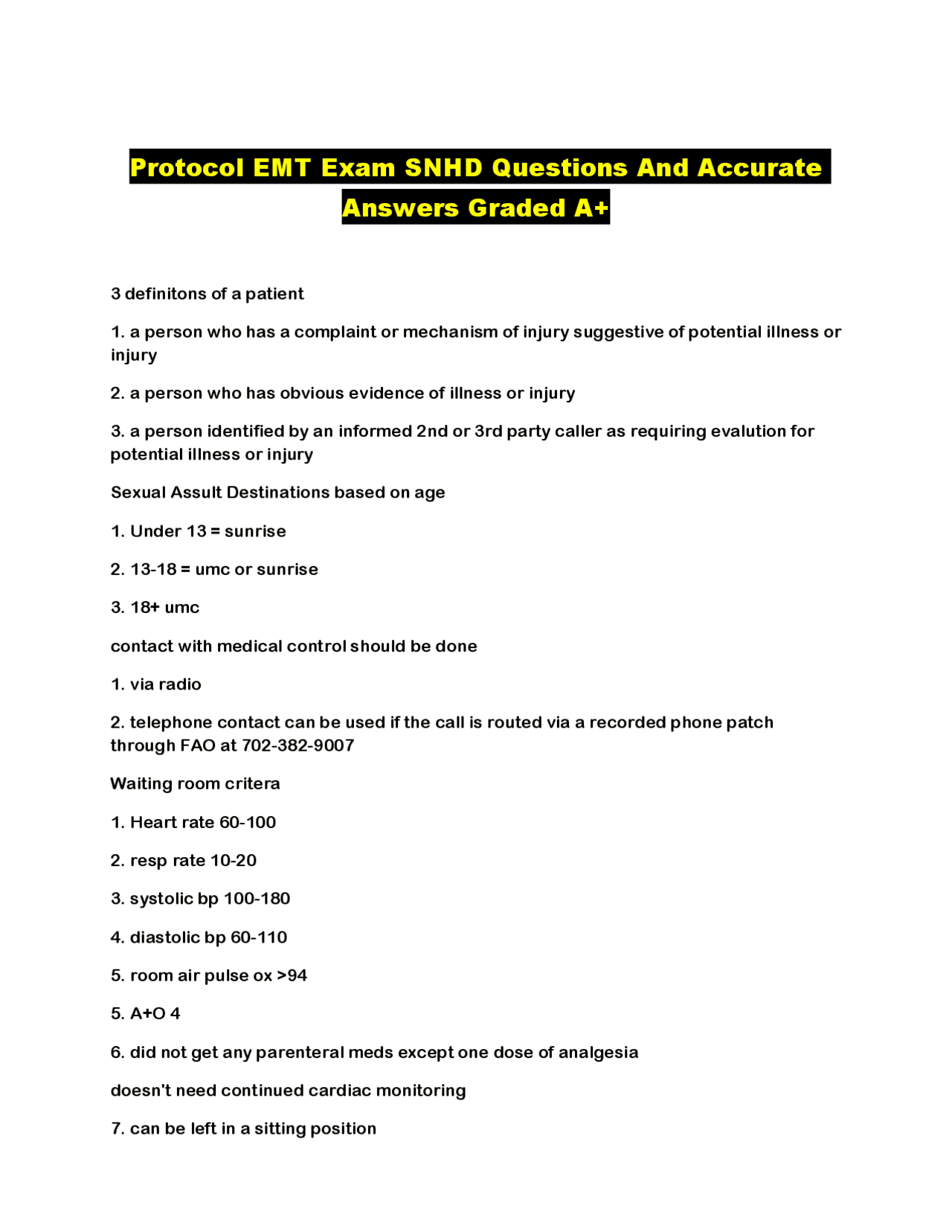 Protocol EMT Exam SNHD Questions And Accurate Answers Graded A+ | Exams ...