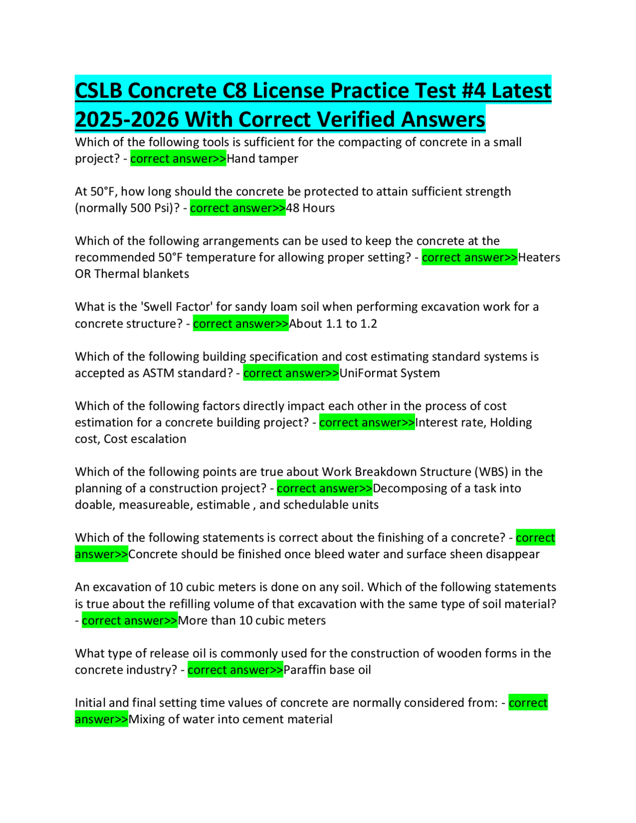 CSLB Concrete C8 License Practice Test #4 Latest 2025-2026 With Correct ...