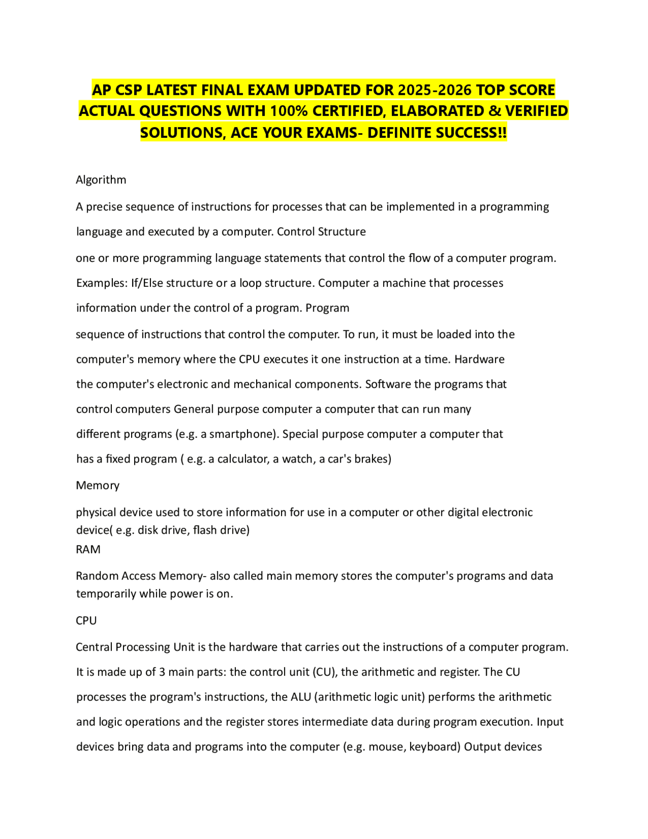 AP CSP LATEST FINAL EXAM UPDATED FOR 2025-2026 TOP SCORE ACTUAL ...