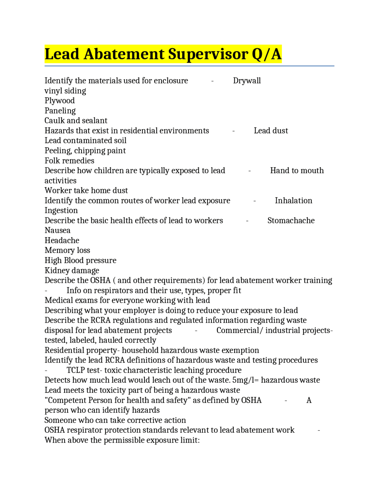 Lead Abatement Supervisor Q/A | Exams Public Health | Docsity