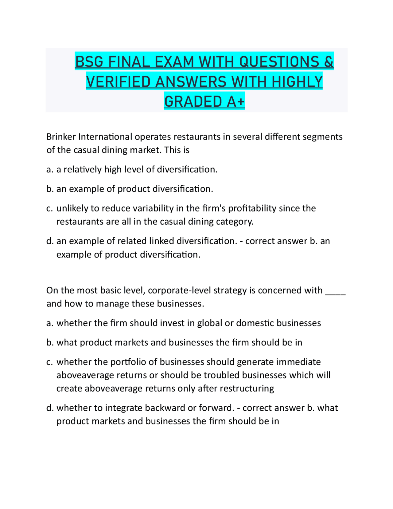 Business Strategy Exam Questions and Answers | Exams Nursing | Docsity