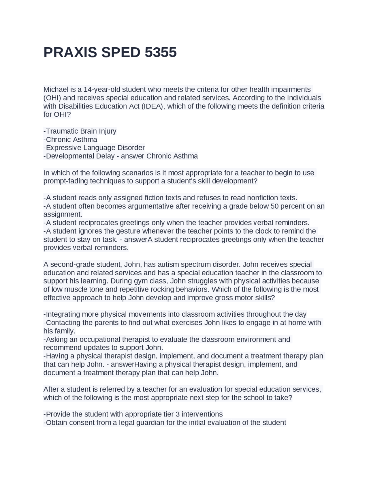 PRAXIS SPED 5355 QUESTIONS AND ANSWERS 2025 | Exams Advanced Education ...