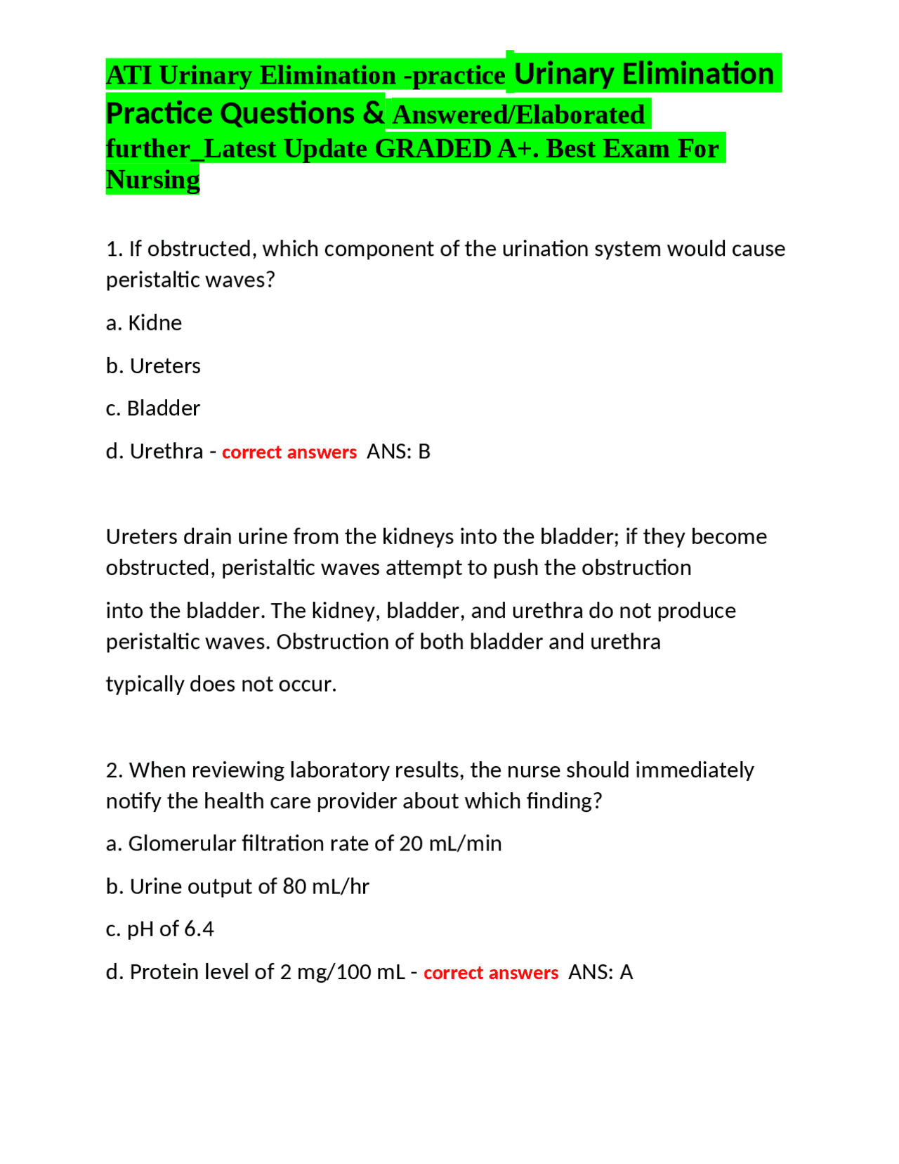 ATI Urinary Elimination -practice Urinary Elimination Practice ...