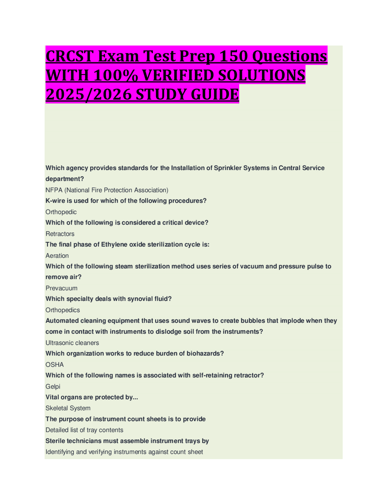 CRCST Exam Test Prep 150 Questions WITH 100% VERIFIED SOLUTIONS 2025/ ...