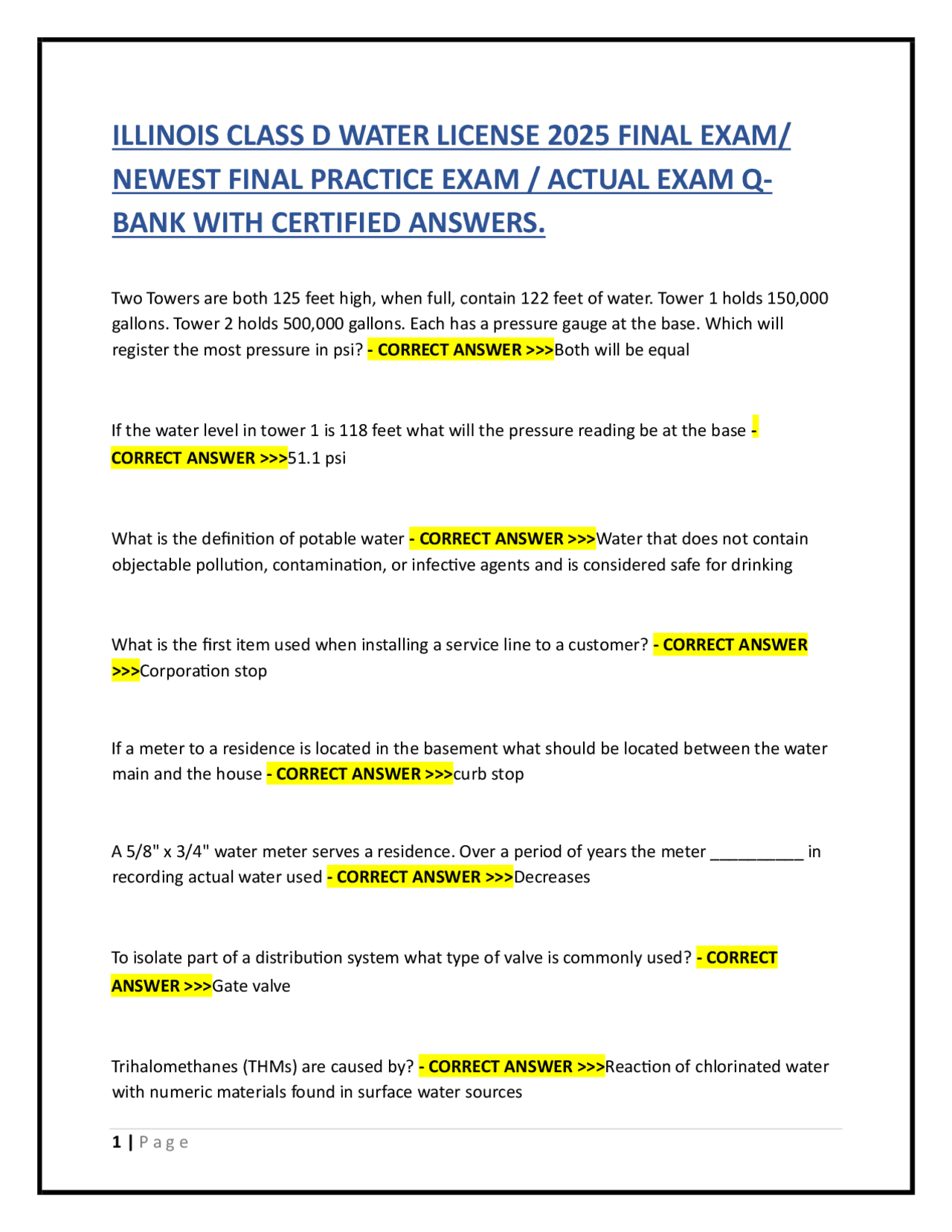 ILLINOIS CLASS D WATER LICENSE 2025 FINAL EXAM/ NEWEST FINAL PRACTICE ...