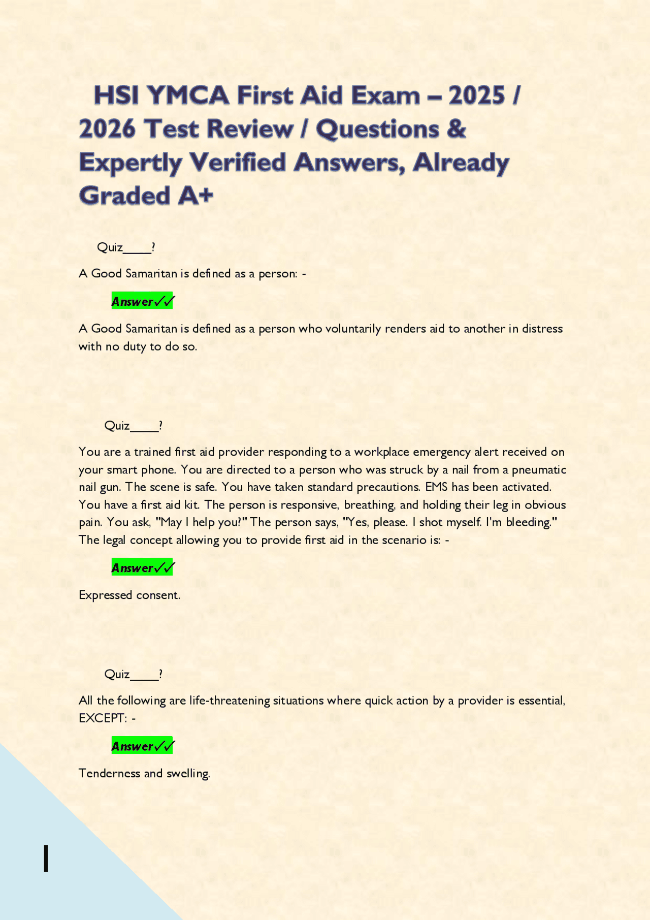 HSI YMCA First Aid Exam – 2025 / 2026 Test Review / Questions ...