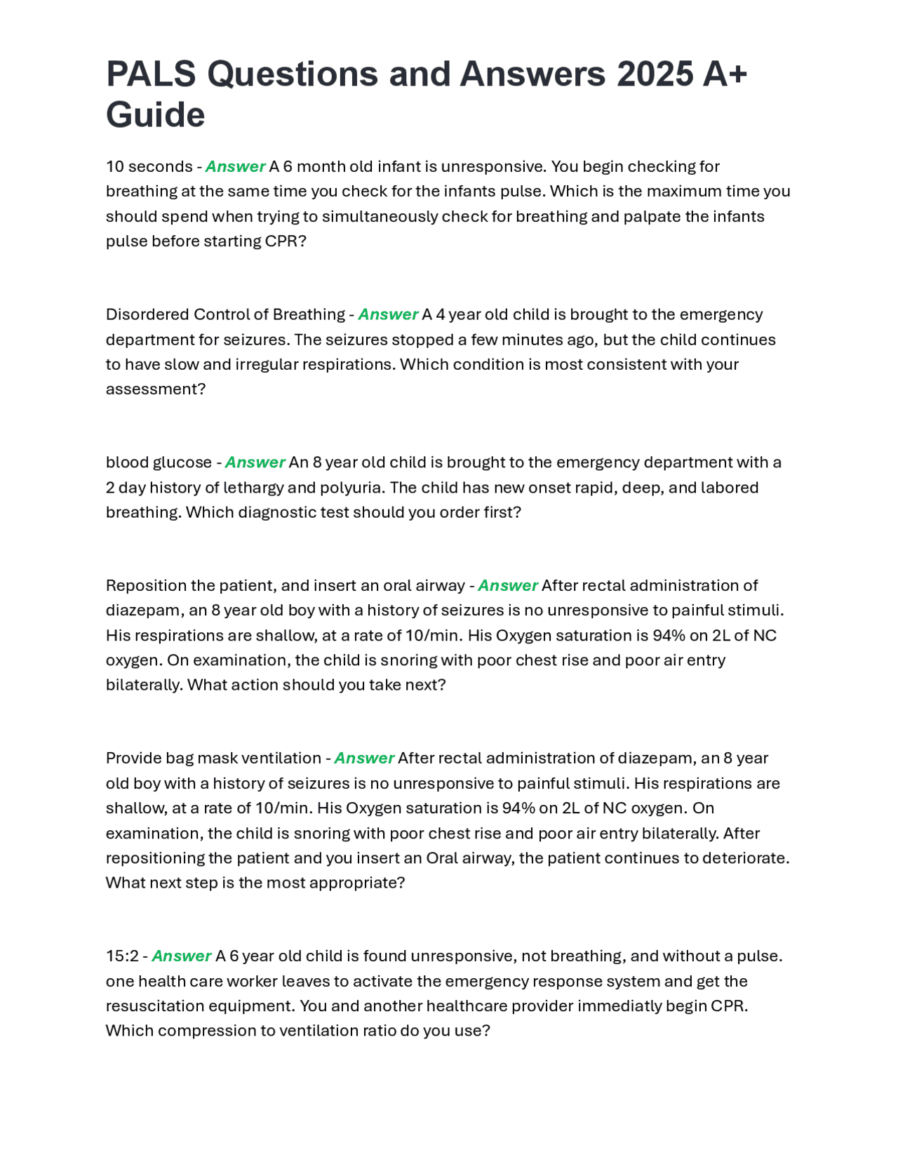 PALS Questions and Answers 2025 A+ Guide | Exams Medicine | Docsity